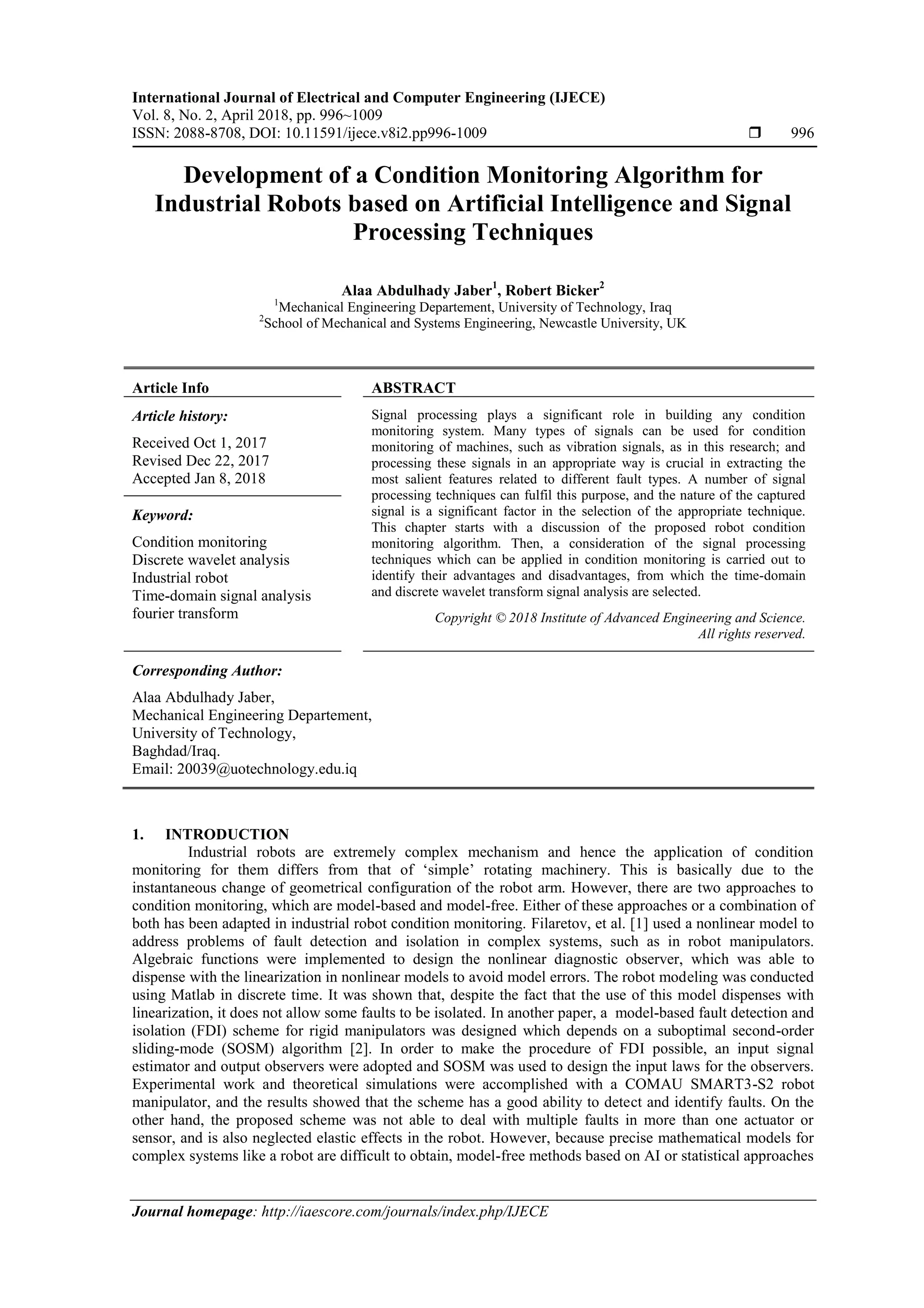 Development Of A Condition Monitoring Algorithm For Industrial Robots