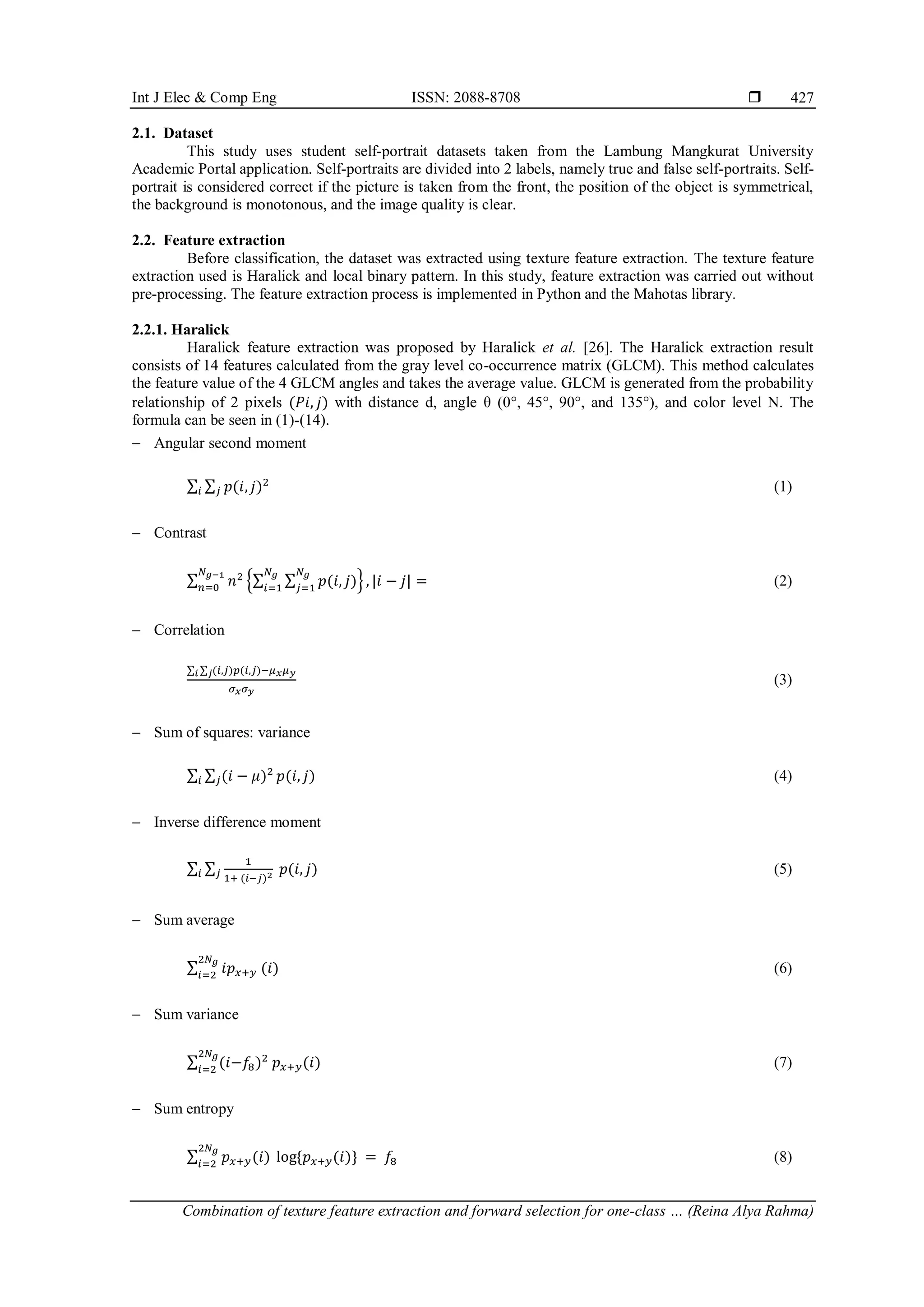 Combination Of Texture Feature Extraction And Forward Selection For One