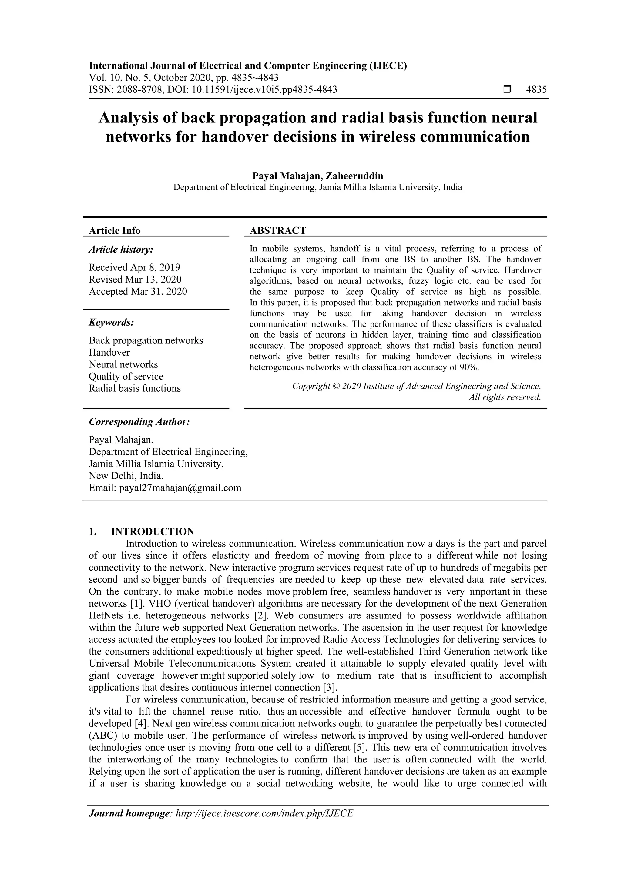 Analysis of back propagation and radial basis function neural networks for handover decisions in ...