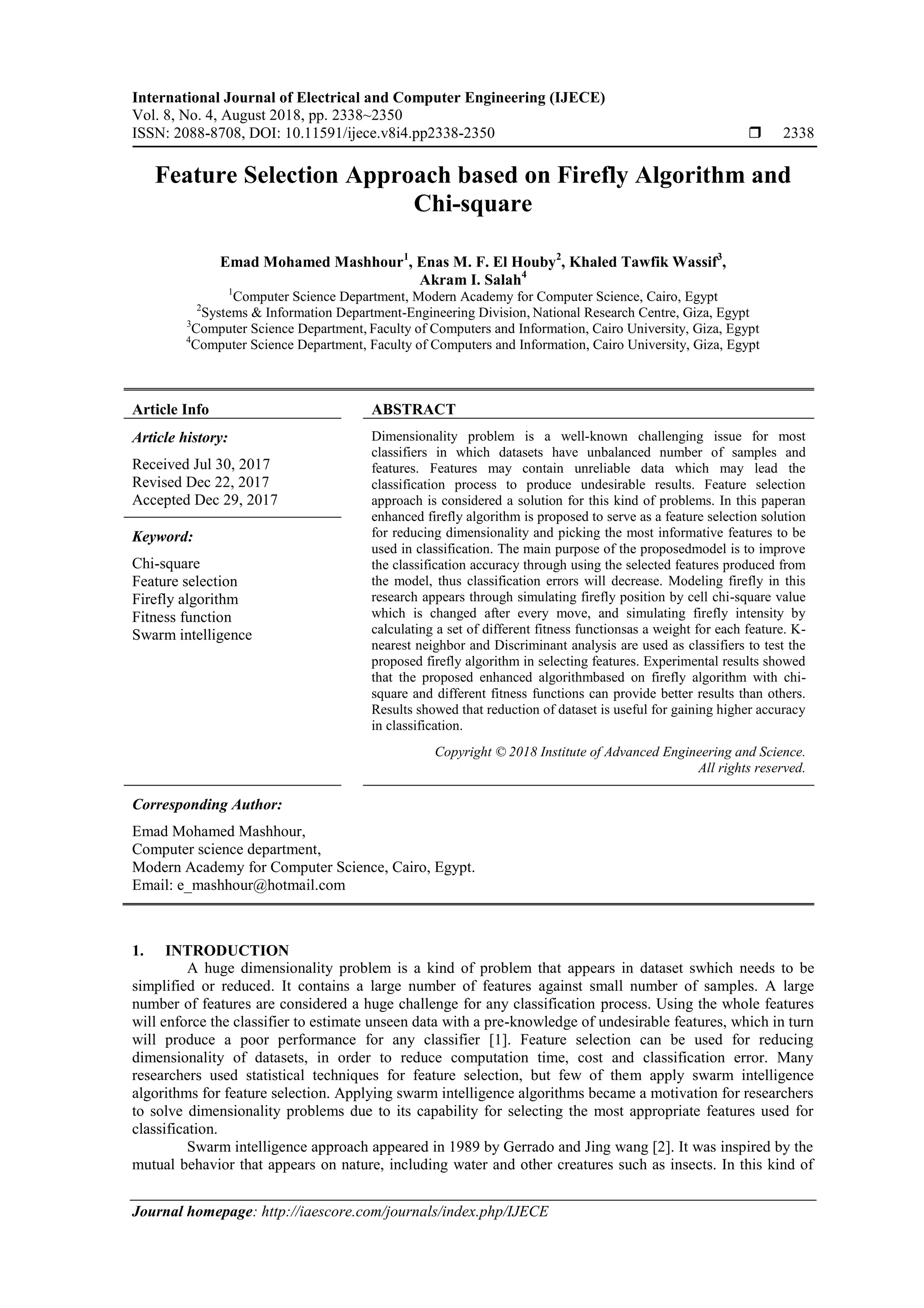 Feature Selection Approach Based On Firefly Algorithm And Chi Square Pdf