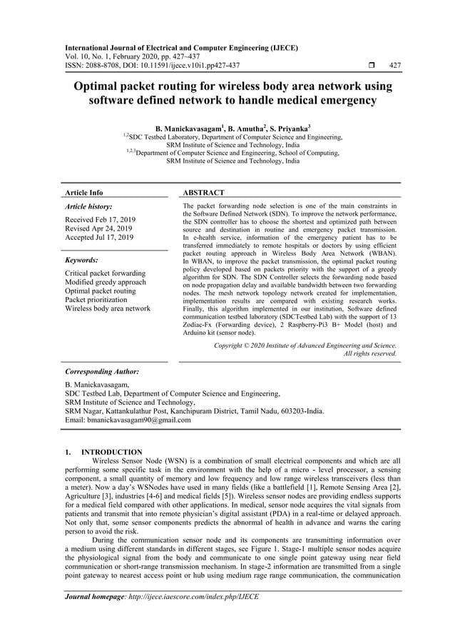 Optimal packet routing for wireless body area network using software defined network to handle ...