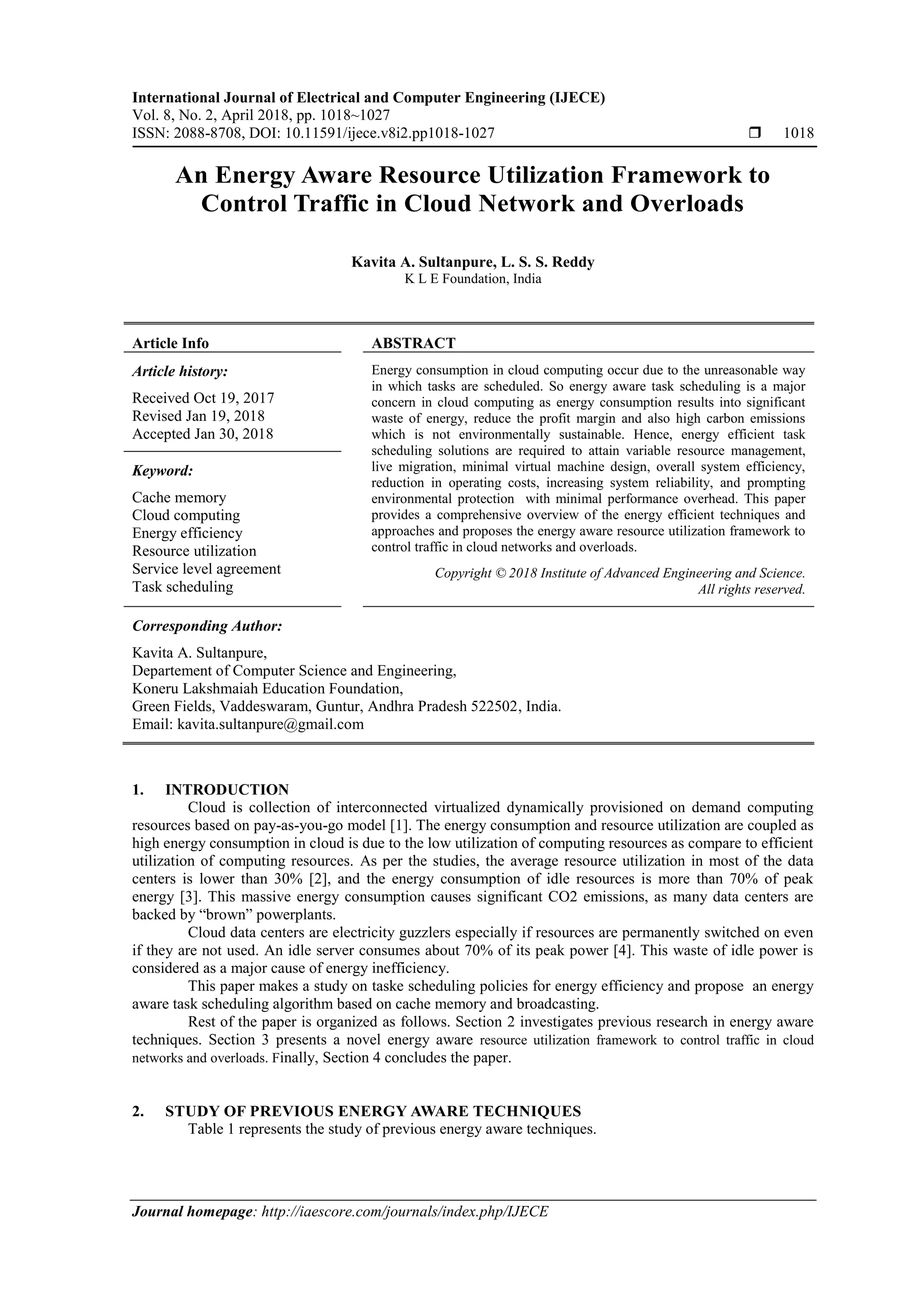 An Energy Aware Resource Utilization Framework to Control Traffic in Cloud Network and Overloads ...