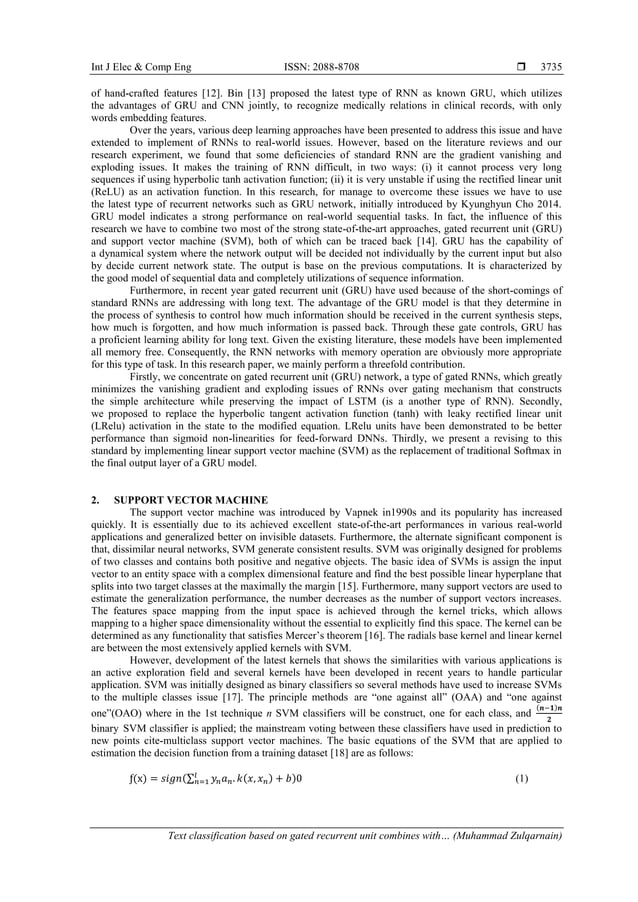 Text classification based on gated recurrent unit combines with support vector machine | PDF