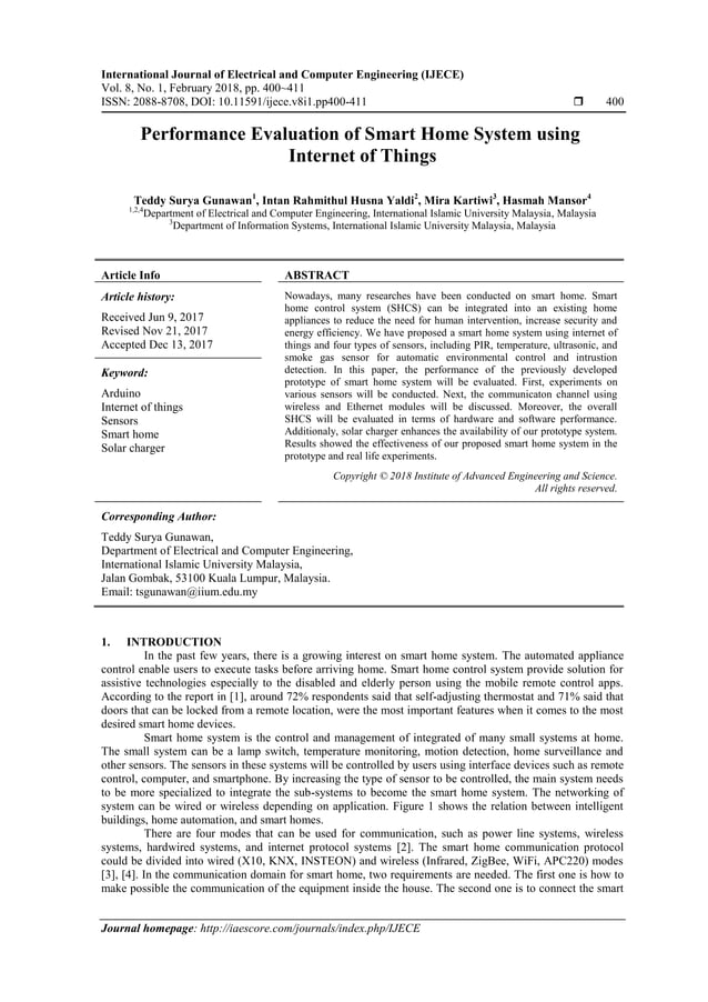 Performance Evaluation of Smart Home System using Internet of Things | PDF