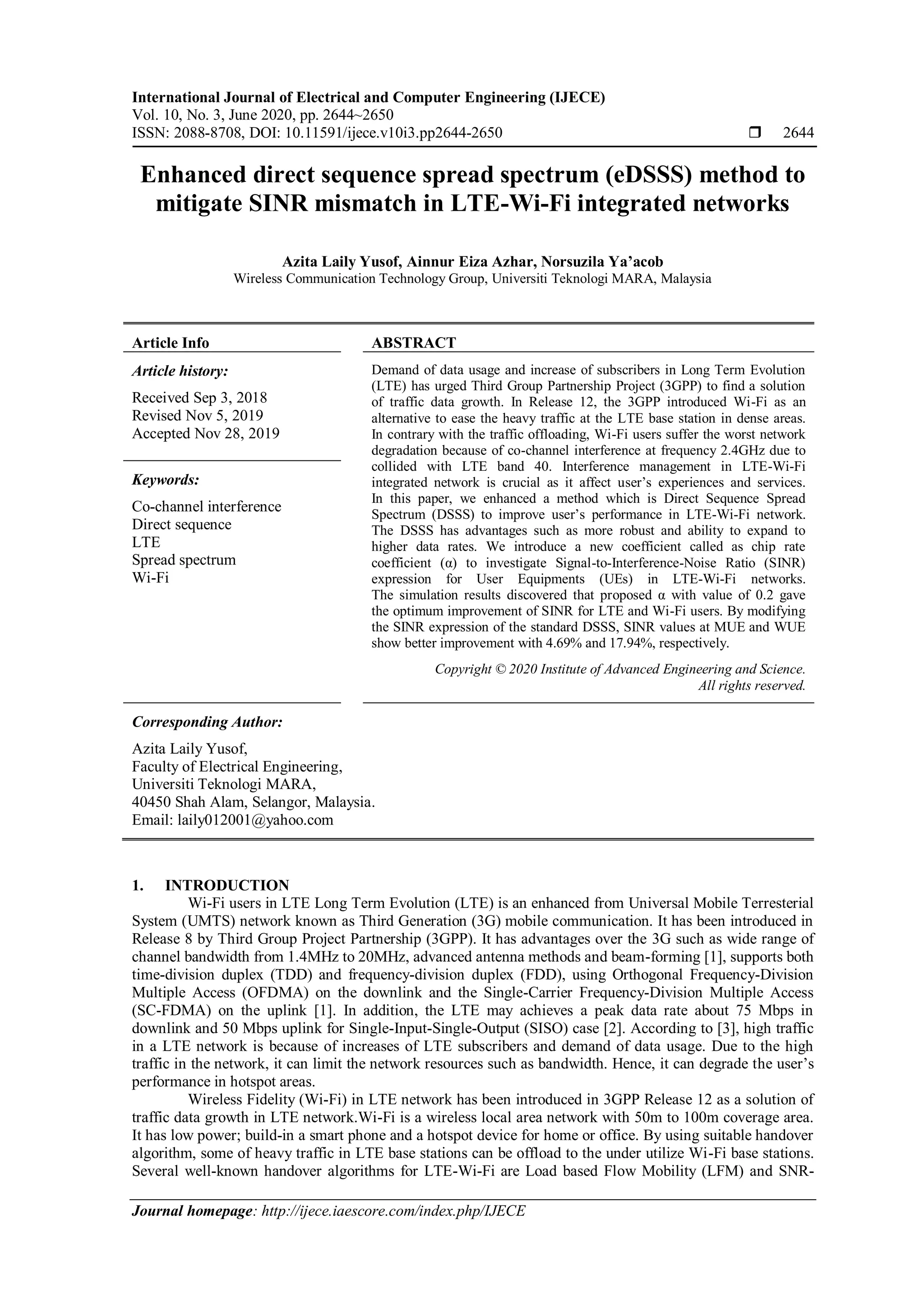 Enhanced direct sequence spread spectrum (eDSSS) method tomitigate SINR ...