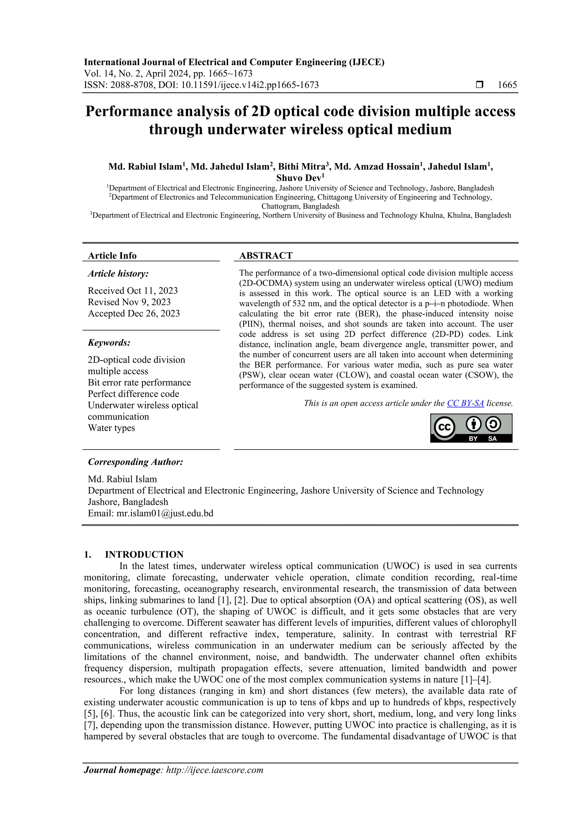 Performance analysis of 2D optical code division multiple access through underwater wireless ...