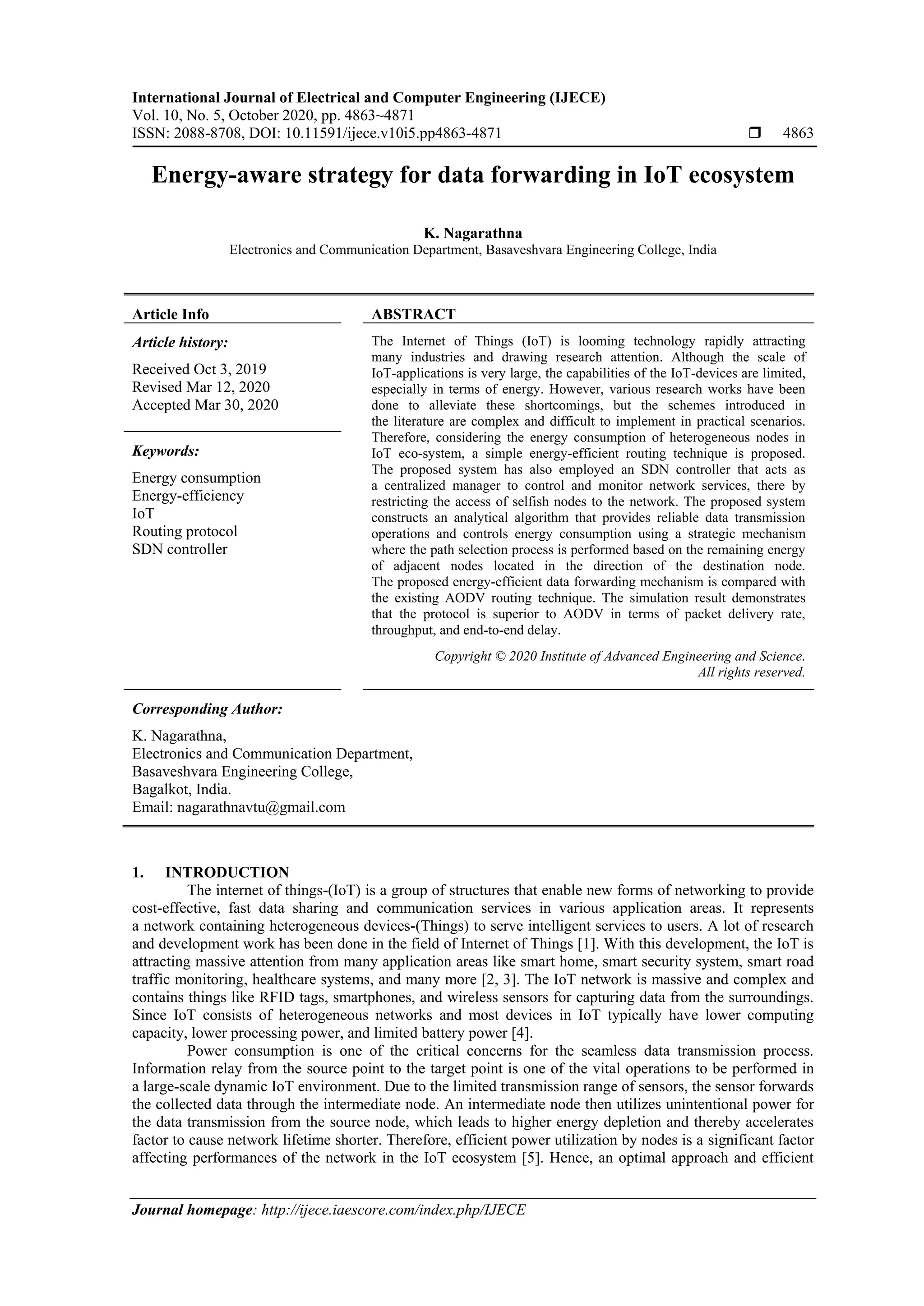 Energy-aware strategy for data forwarding in IoT ecosystem | PDF