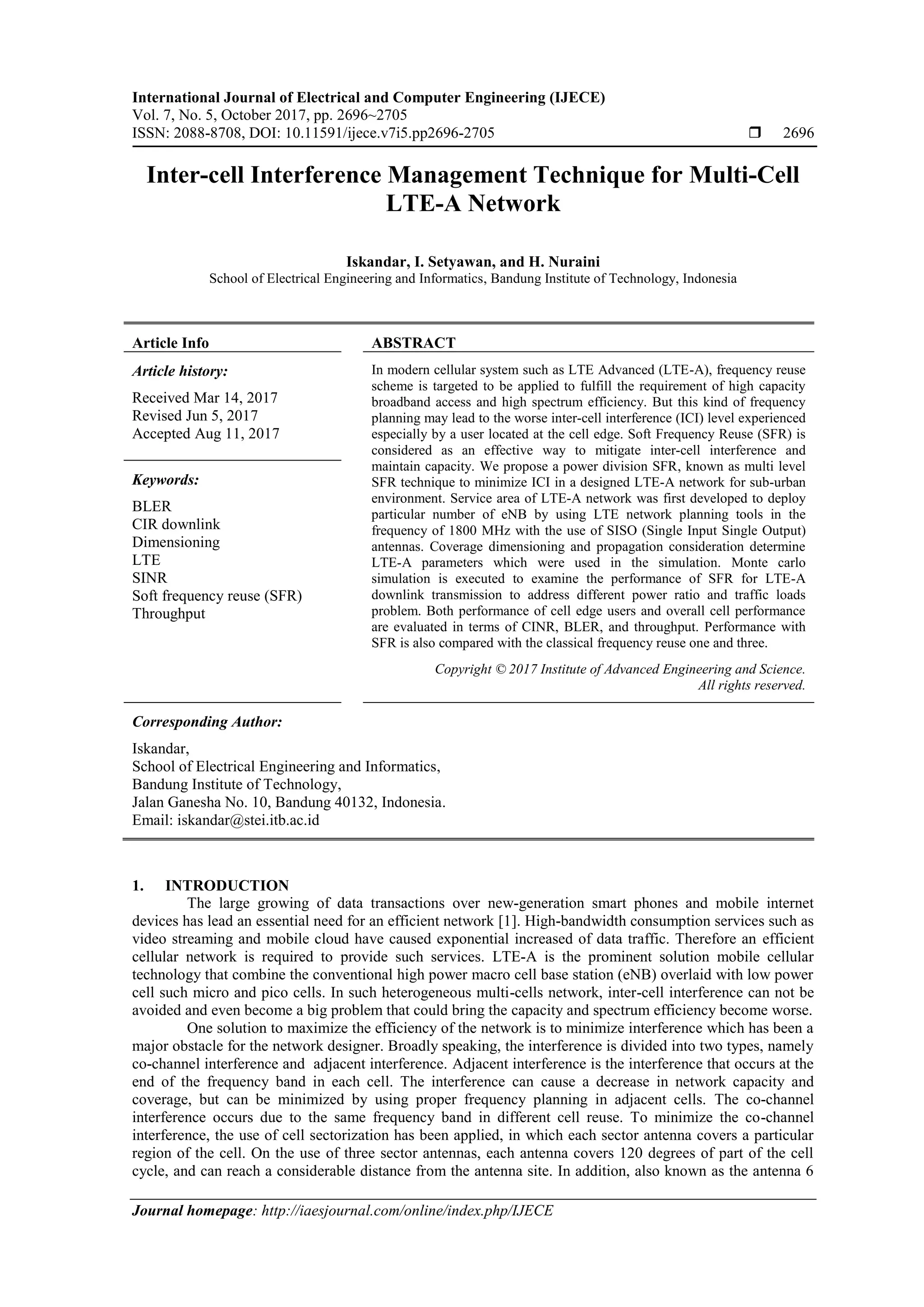 Inter-cell Interference Management Technique for Multi-Cell LTE-A Network | PDF