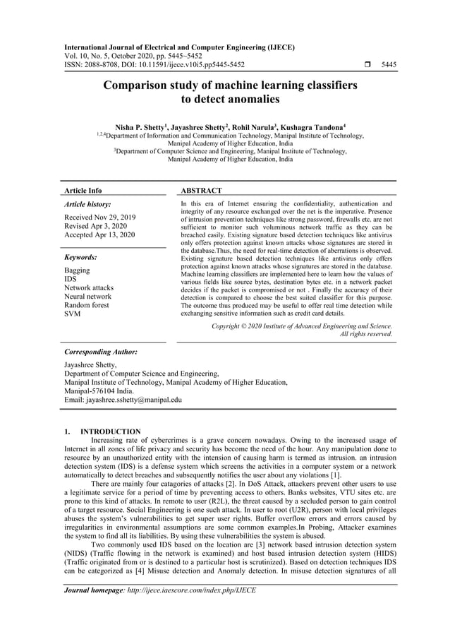 Comparison study of machine learning classifiers to detect anomalies | PDF