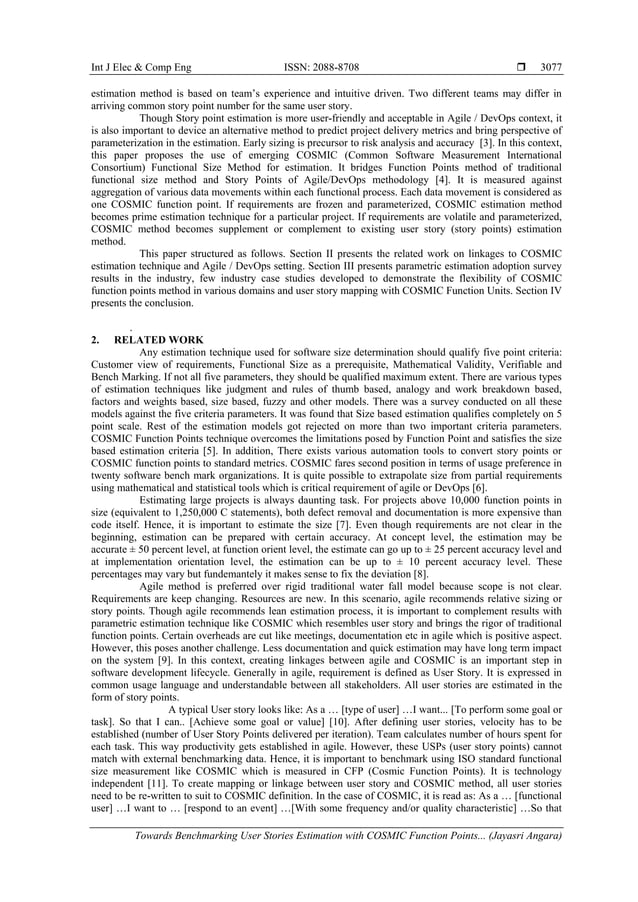 Towards Benchmarking User Stories Estimation With Cosmic Function