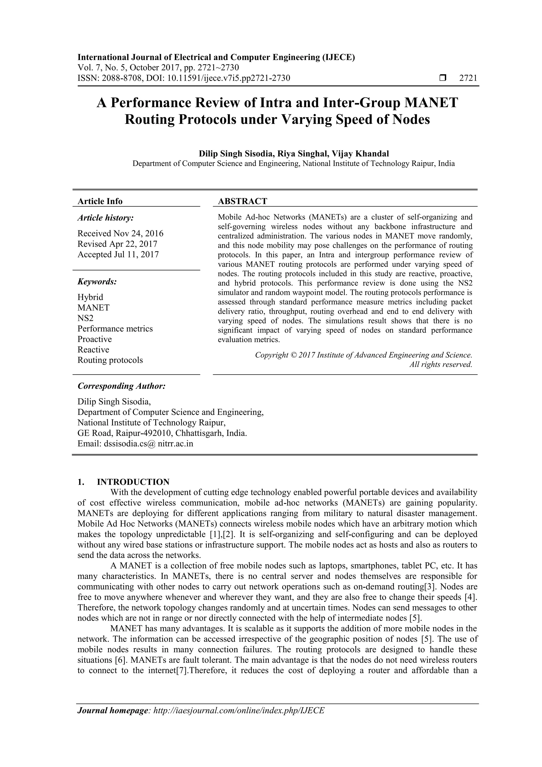 A Performance Review of Intra and Inter-Group MANET Routing Protocols under Varying Speed of ...