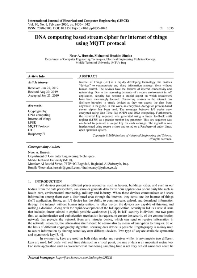 DNA computing based stream cipher for internet of things using MQTT protocol | PDF