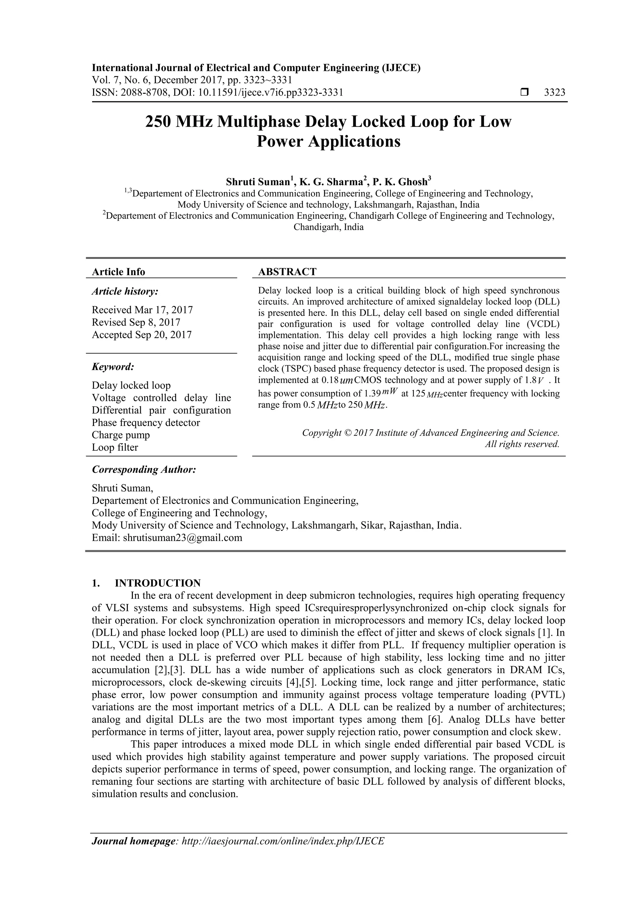 250 MHz Multiphase Delay Locked Loop for Low Power Applications | PDF