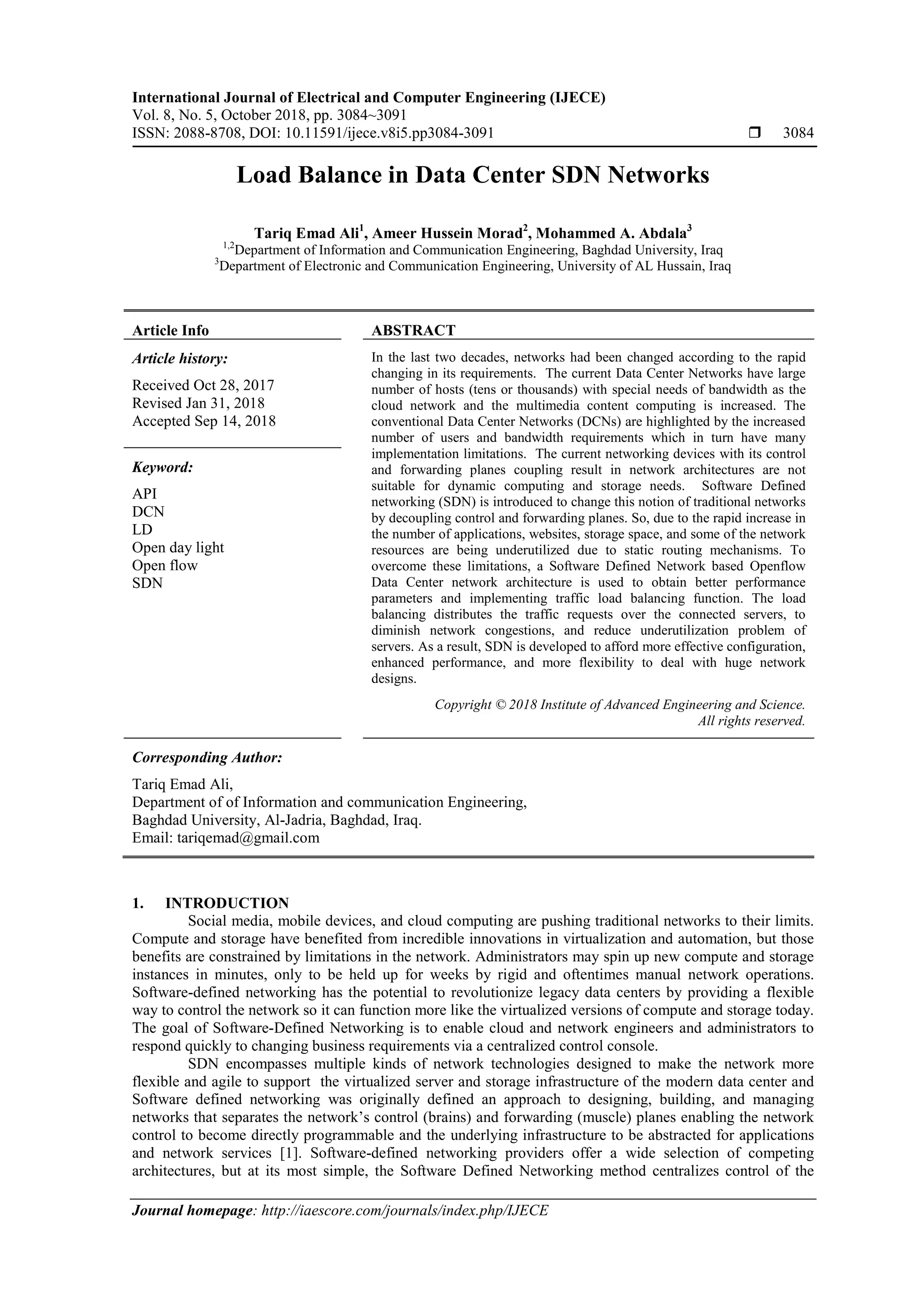 Load Balance in Data Center SDN Networks | PDF