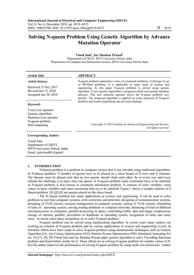 Solving N Queen Problem Using Genetic Algorithm By Advance Mutation Operator Pdf 