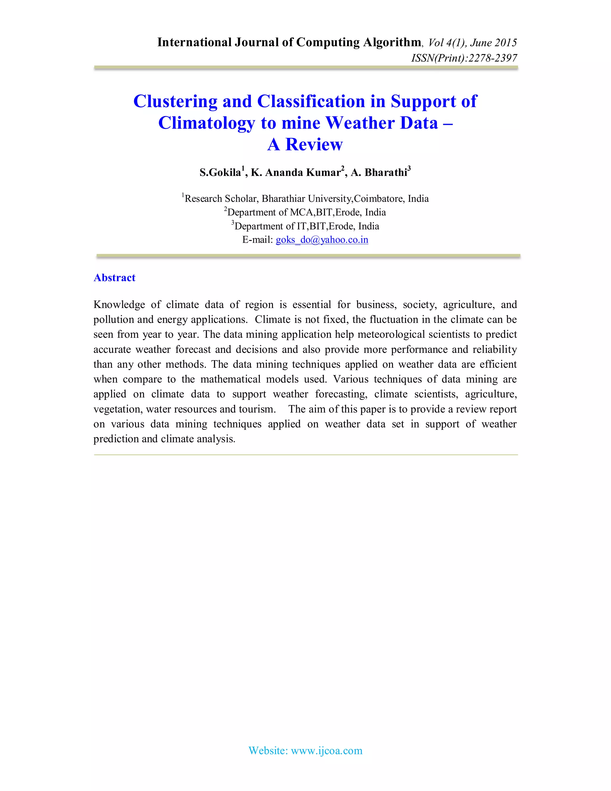 Clustering and Classification in Support of Climatology to mine Weather Data – A Review | PDF