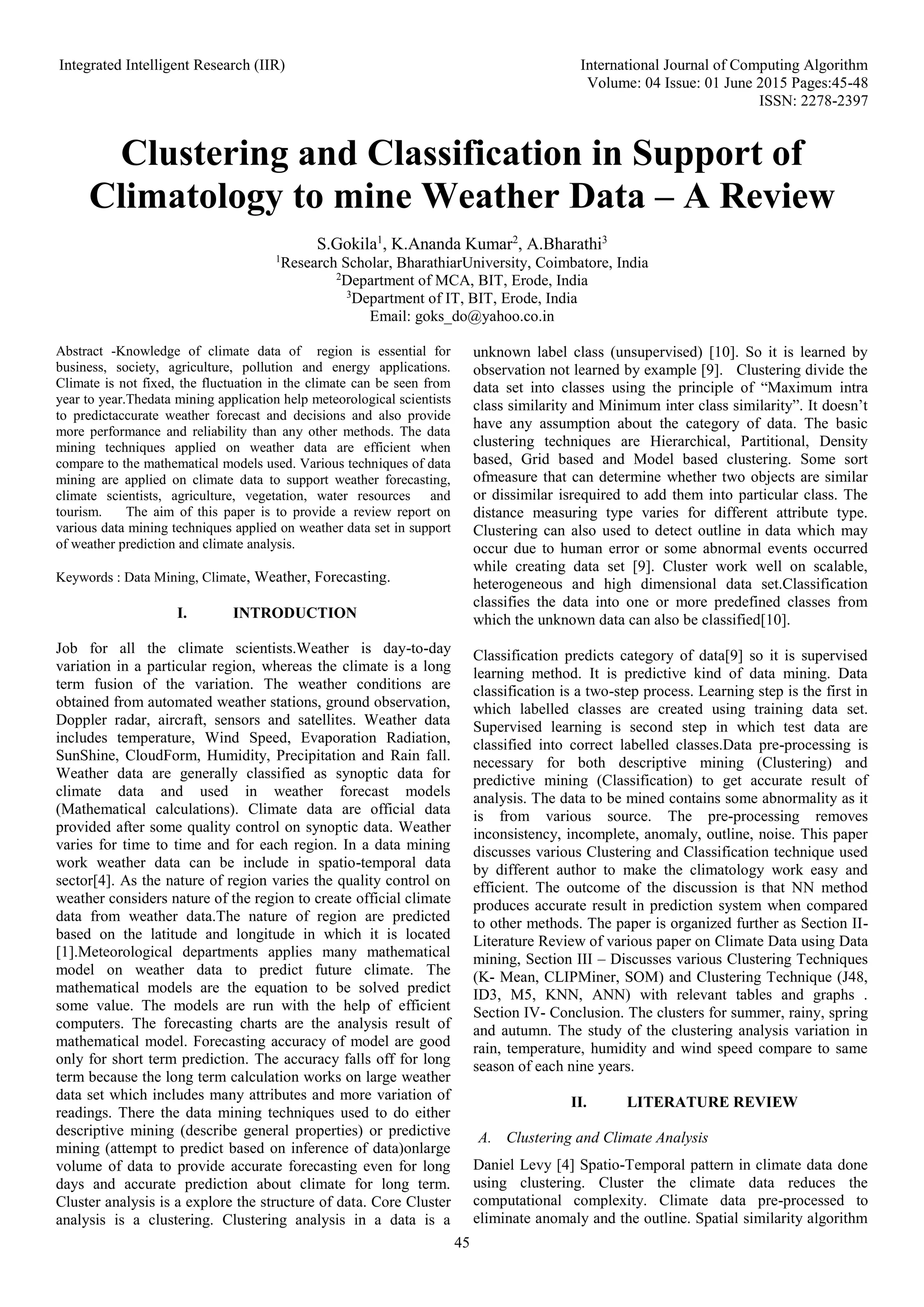 Clustering and Classification in Support of Climatology to mine Weather Data – A Review | PDF