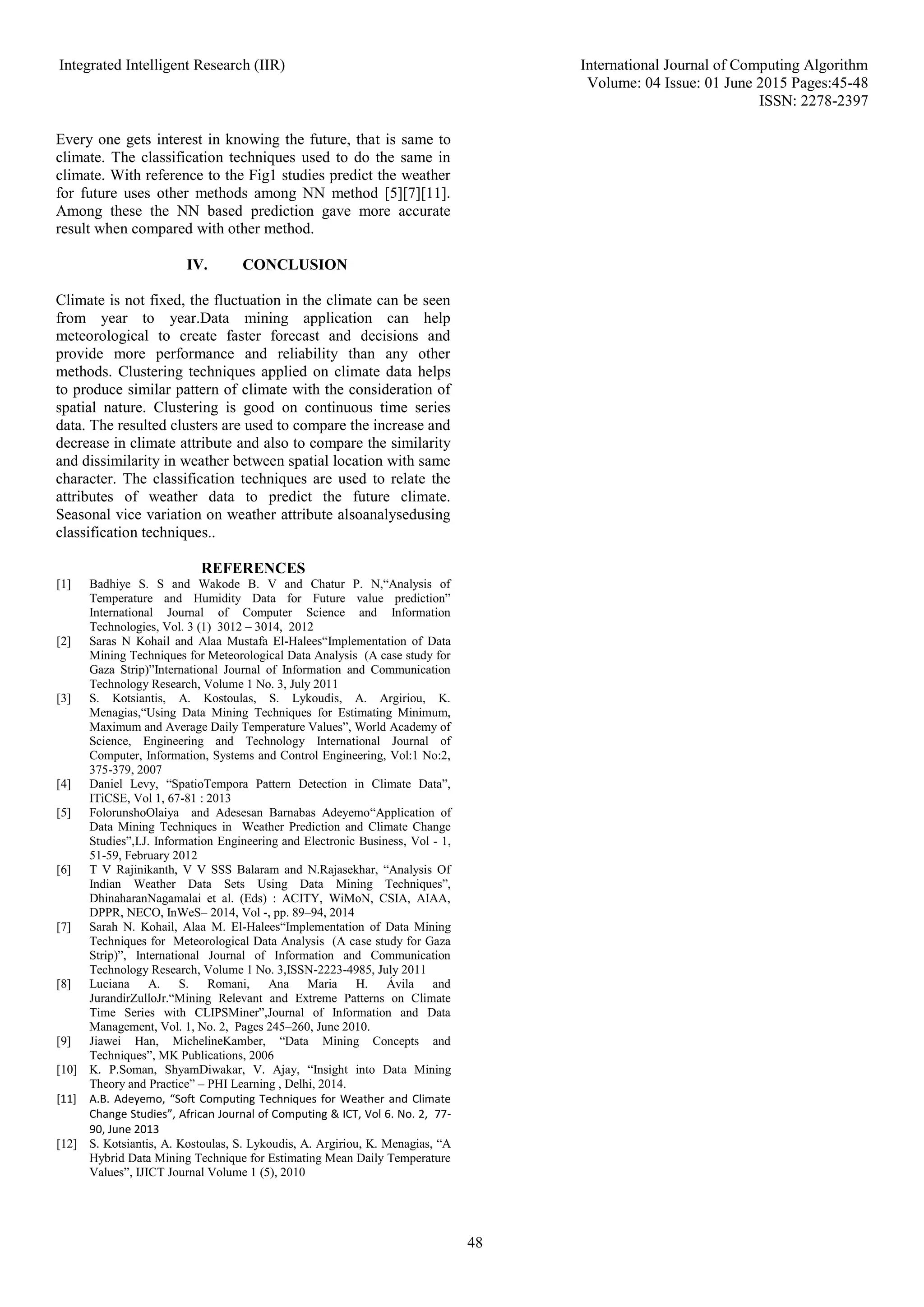 Clustering and Classification in Support of Climatology to mine Weather Data – A Review | PDF