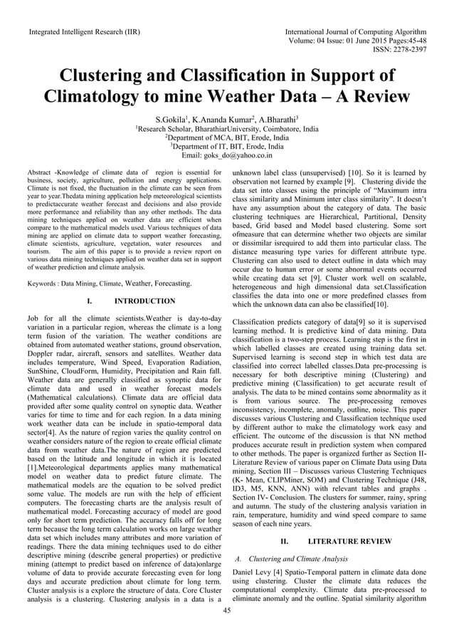 Clustering and Classification in Support of Climatology to mine Weather Data – A Review | PDF