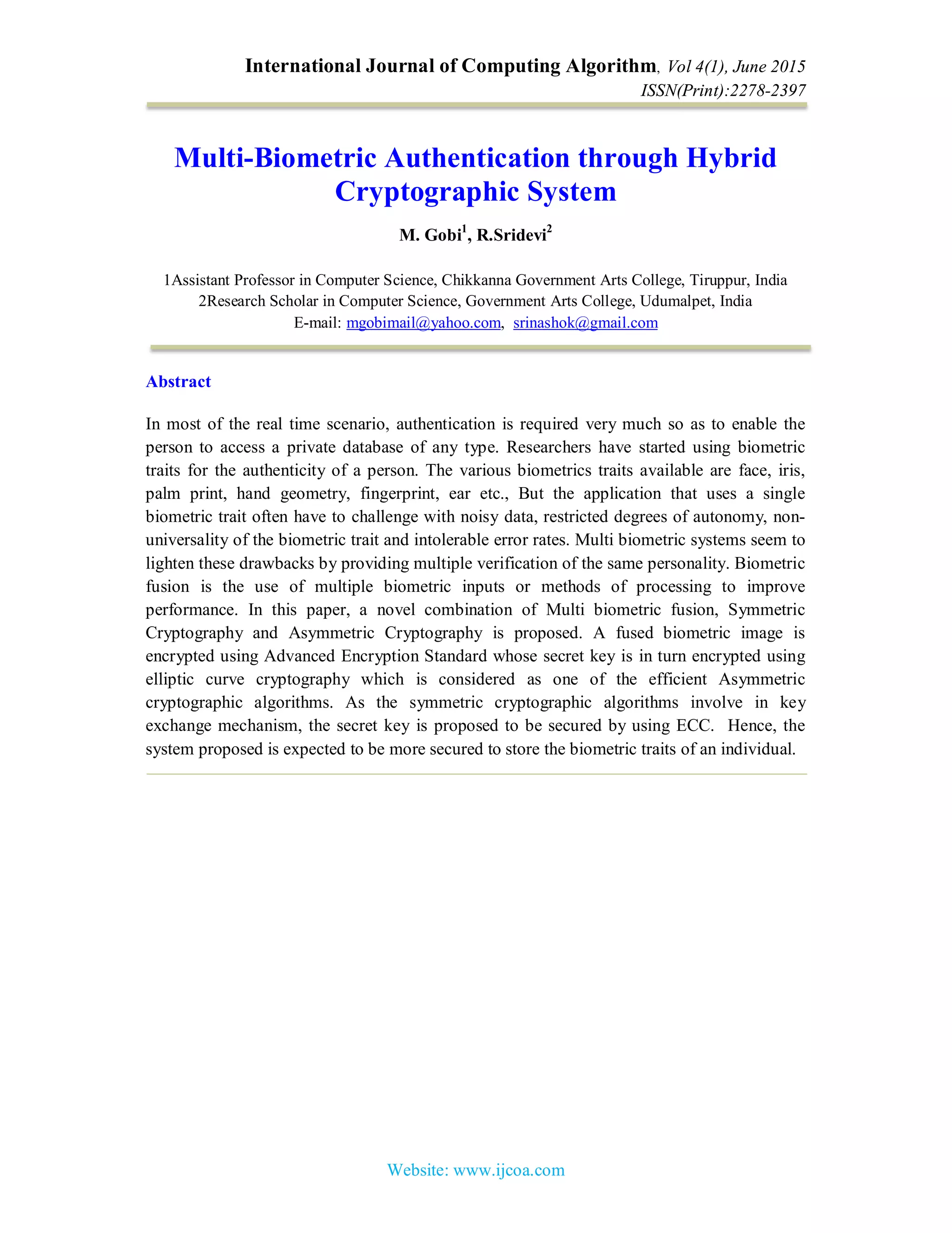 Multi-Biometric Authentication through Hybrid Cryptographic System | PDF