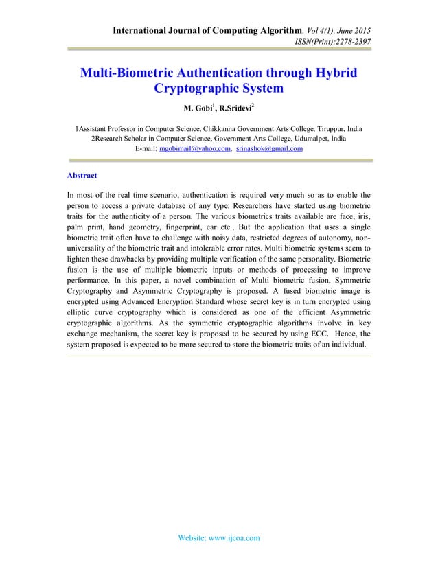 Multi-Biometric Authentication through Hybrid Cryptographic System | PDF Multi-Biometric Authentication through Hybrid Cryptographic System | PDF