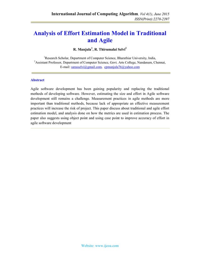 Analysis of Effort Estimation Model in Traditional and Agile (USING METRICS TO IMPROVE AGILE ...