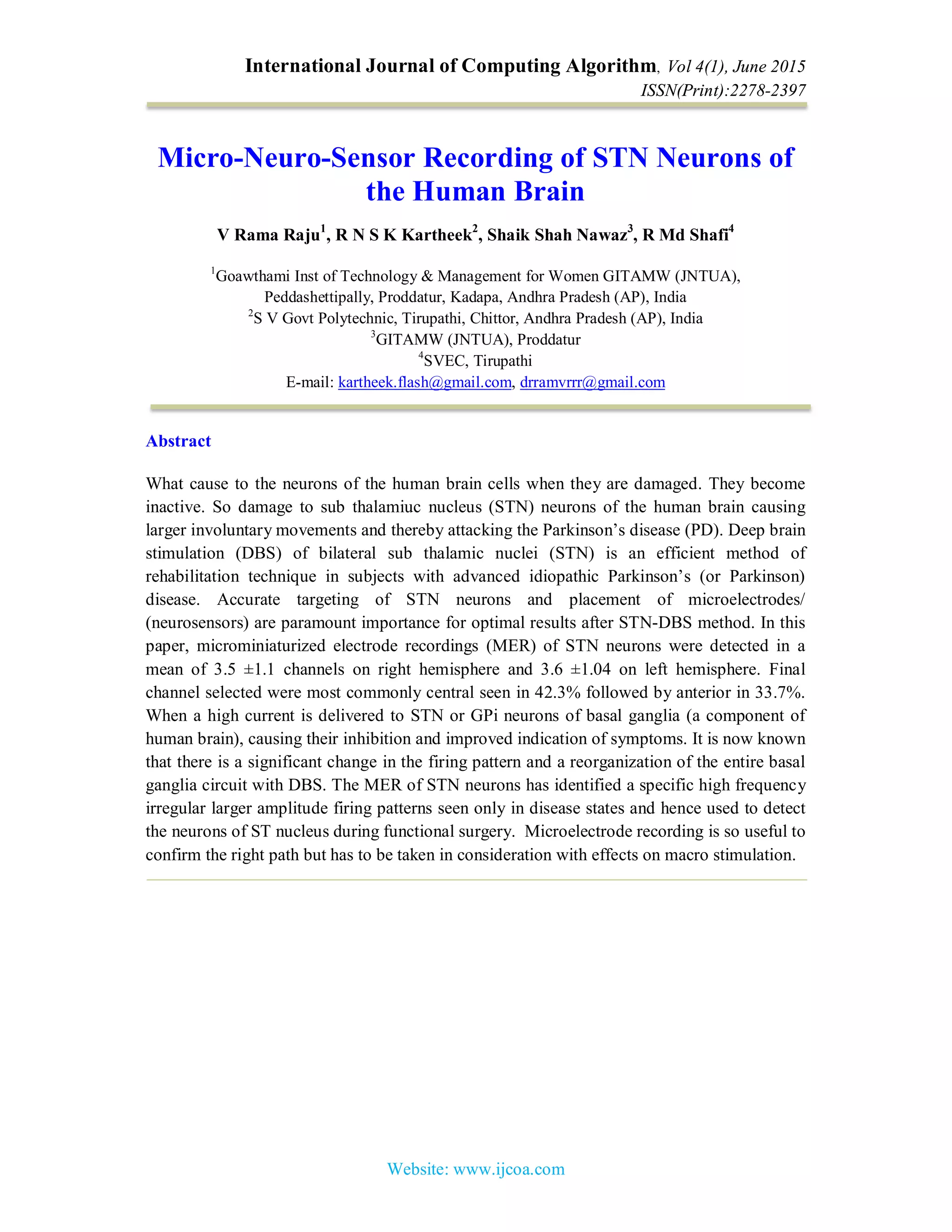 Micro-Neuro-Sensor Recording of STN Neurons of the Human Brain | PDF