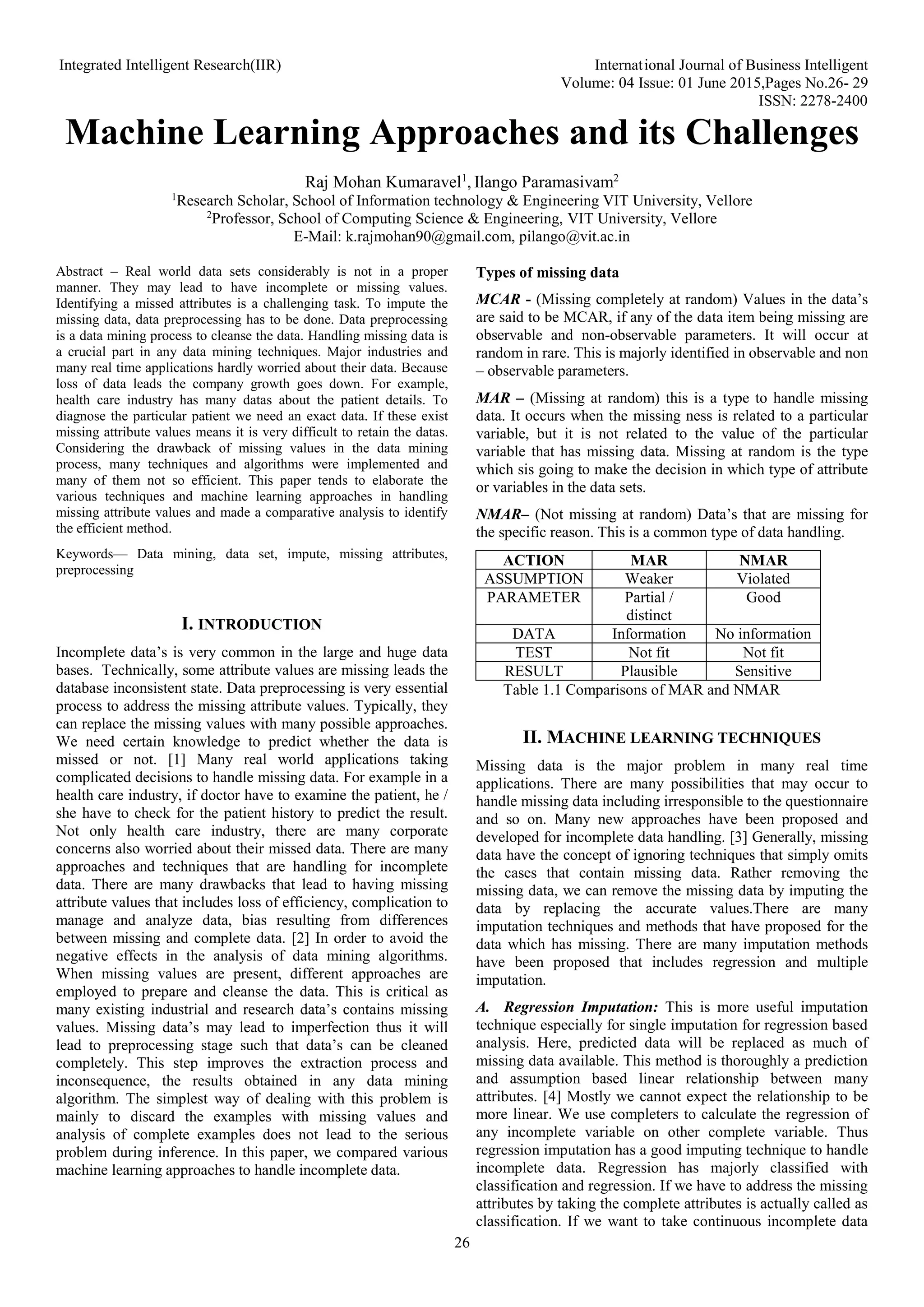Machine Learning Approaches and its Challenges | DOCX
