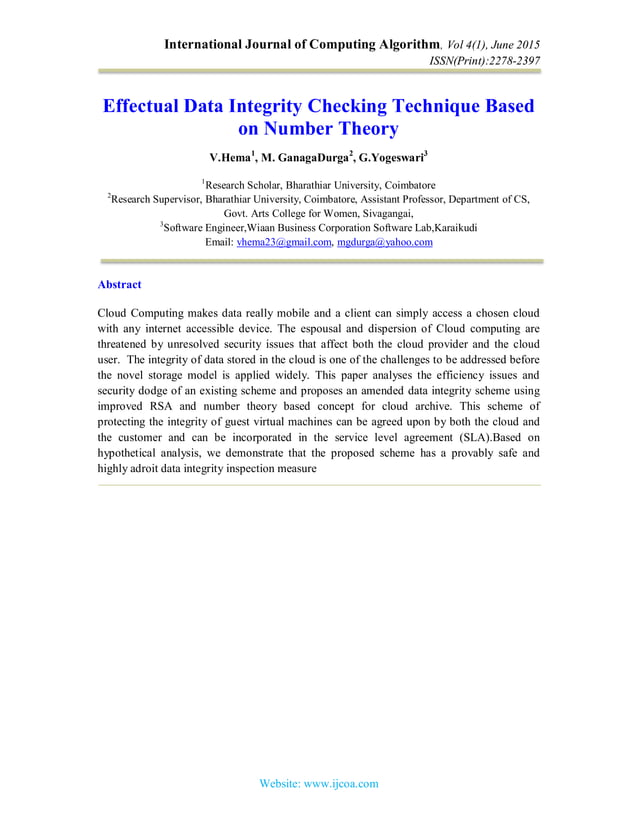 Effectual Data Integrity Checking Technique Based on Number Theory | PDF