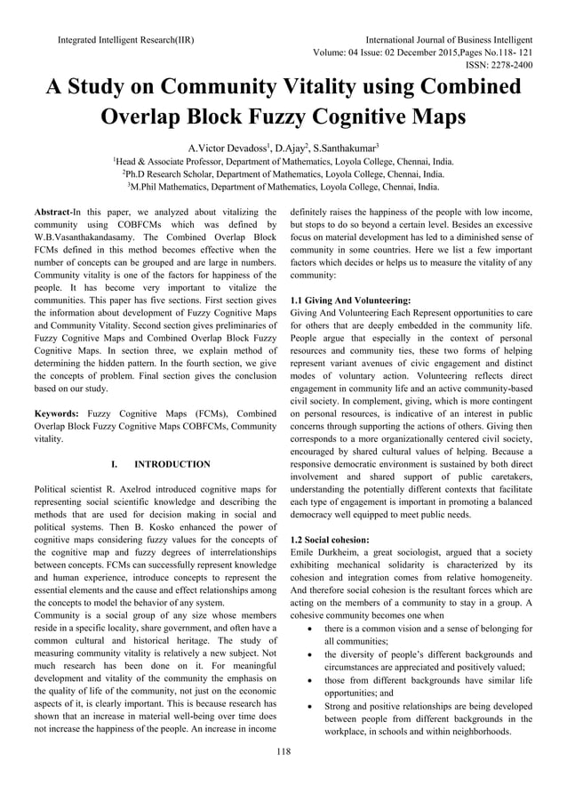 A Study on Community Vitality using Combined Overlap Block Fuzzy Cognitive Maps | PDF