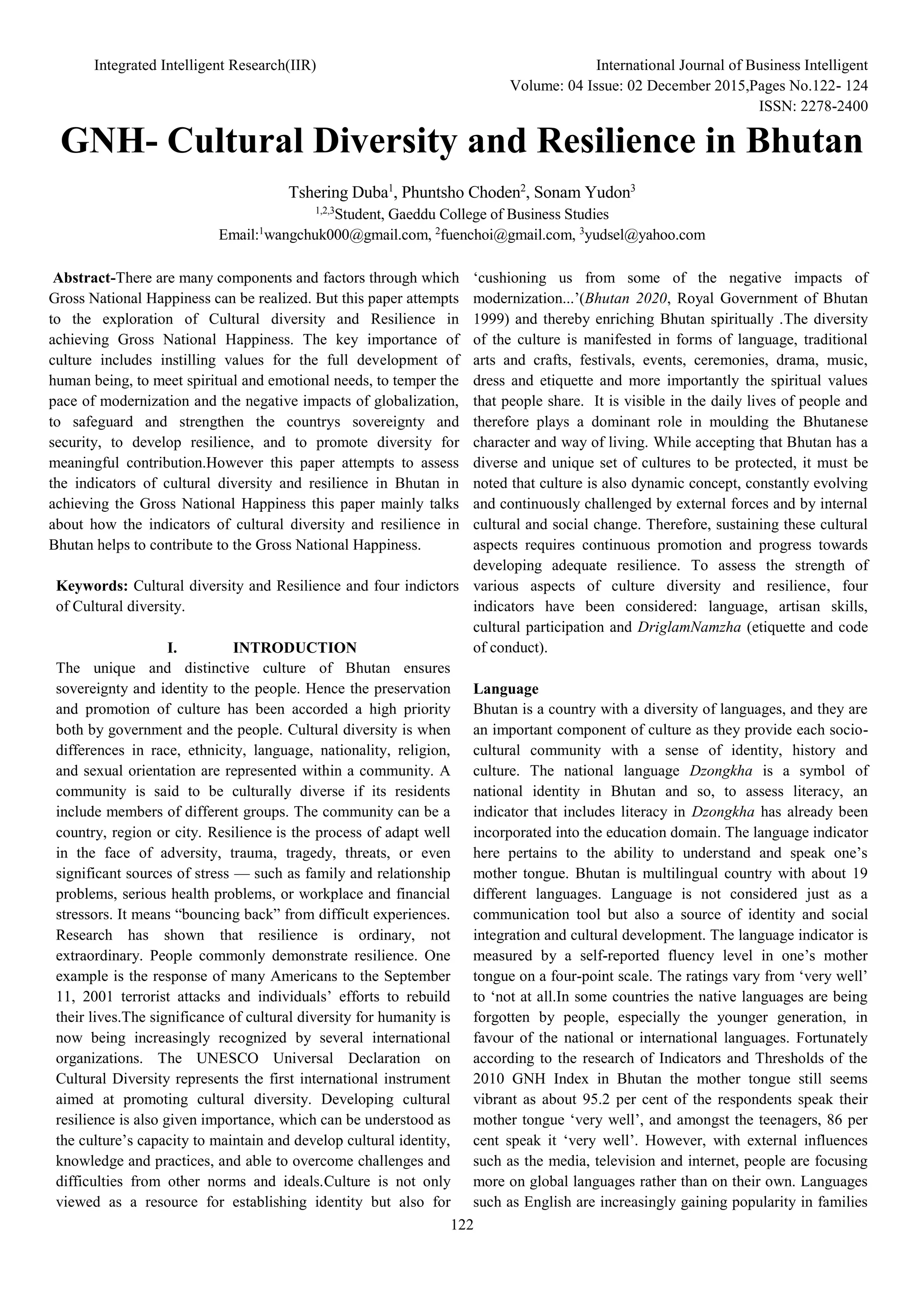 GNH- Cultural Diversity and Resilience in Bhutan | PDF