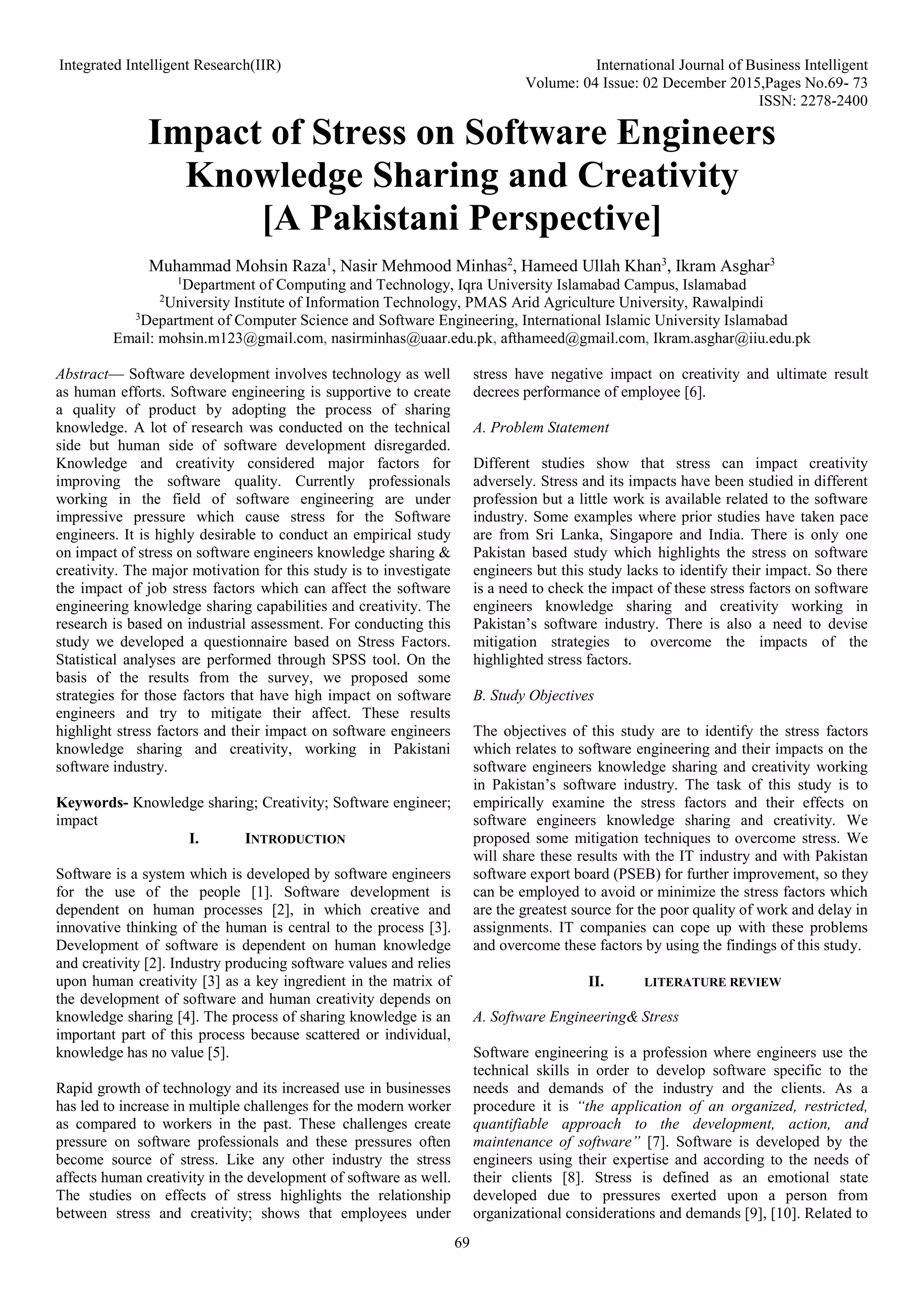 Impact of Stress on Software Engineers Knowledge Sharing and Creativity ...
