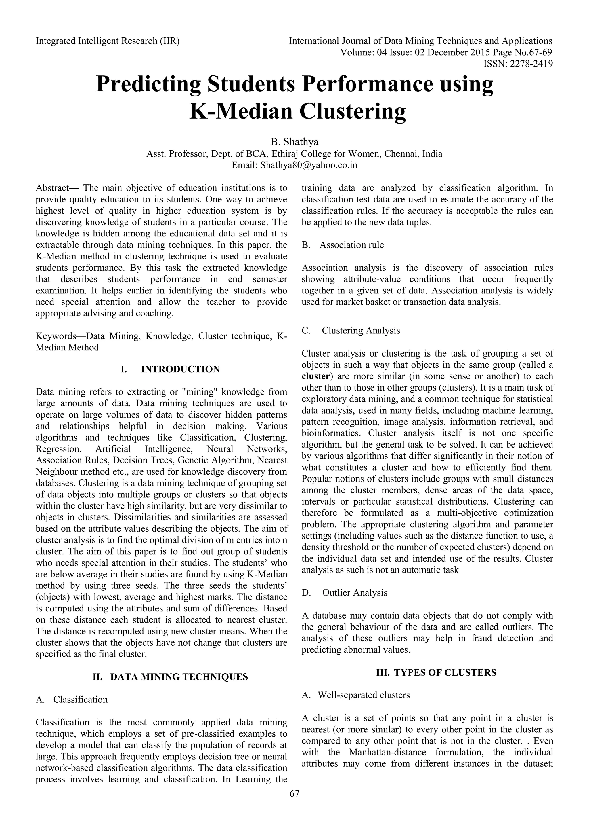 Predicting Students Performance using K-Median Clustering | DOC