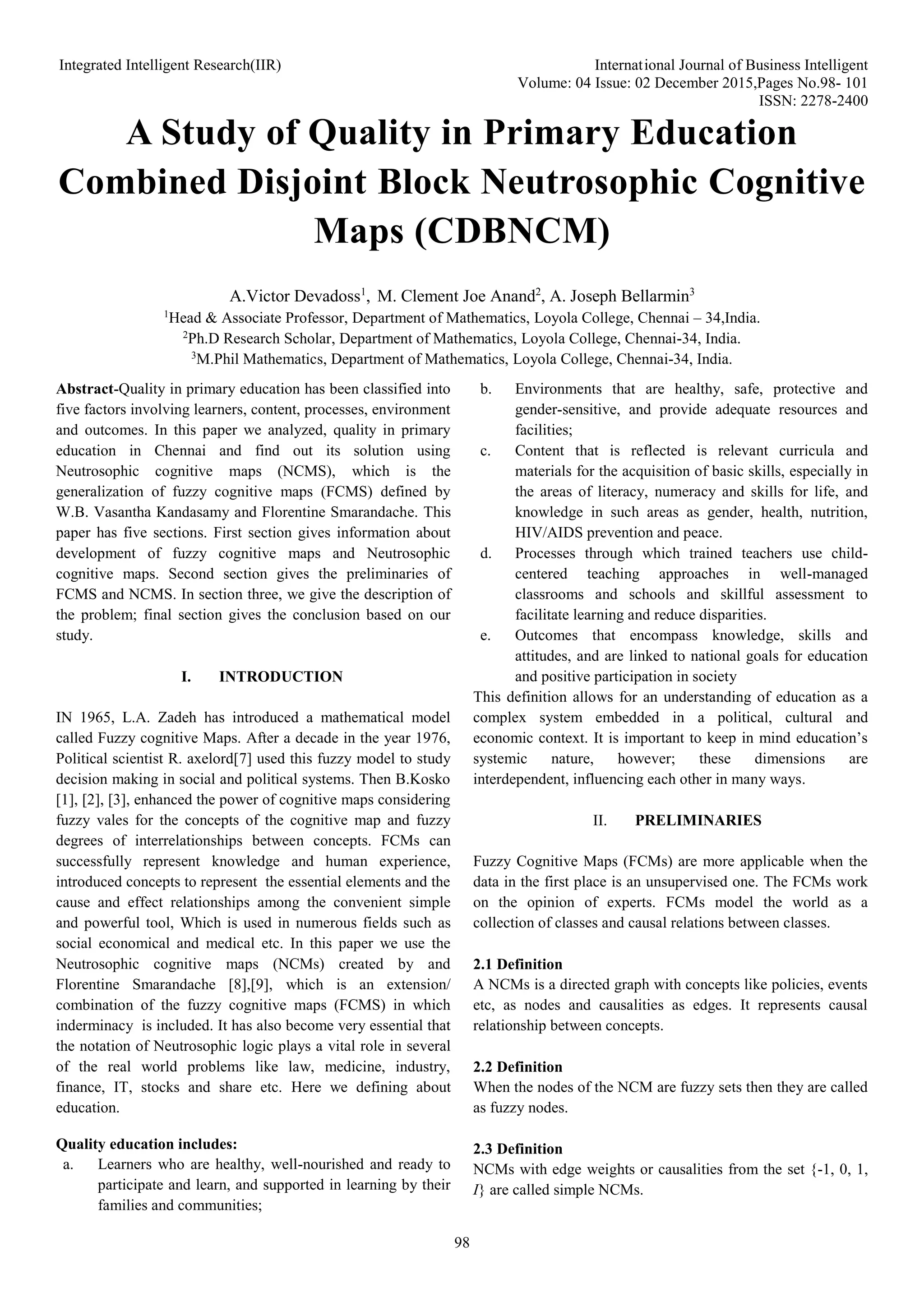 A Study of Quality in Primary Education Combined Disjoint Block ...