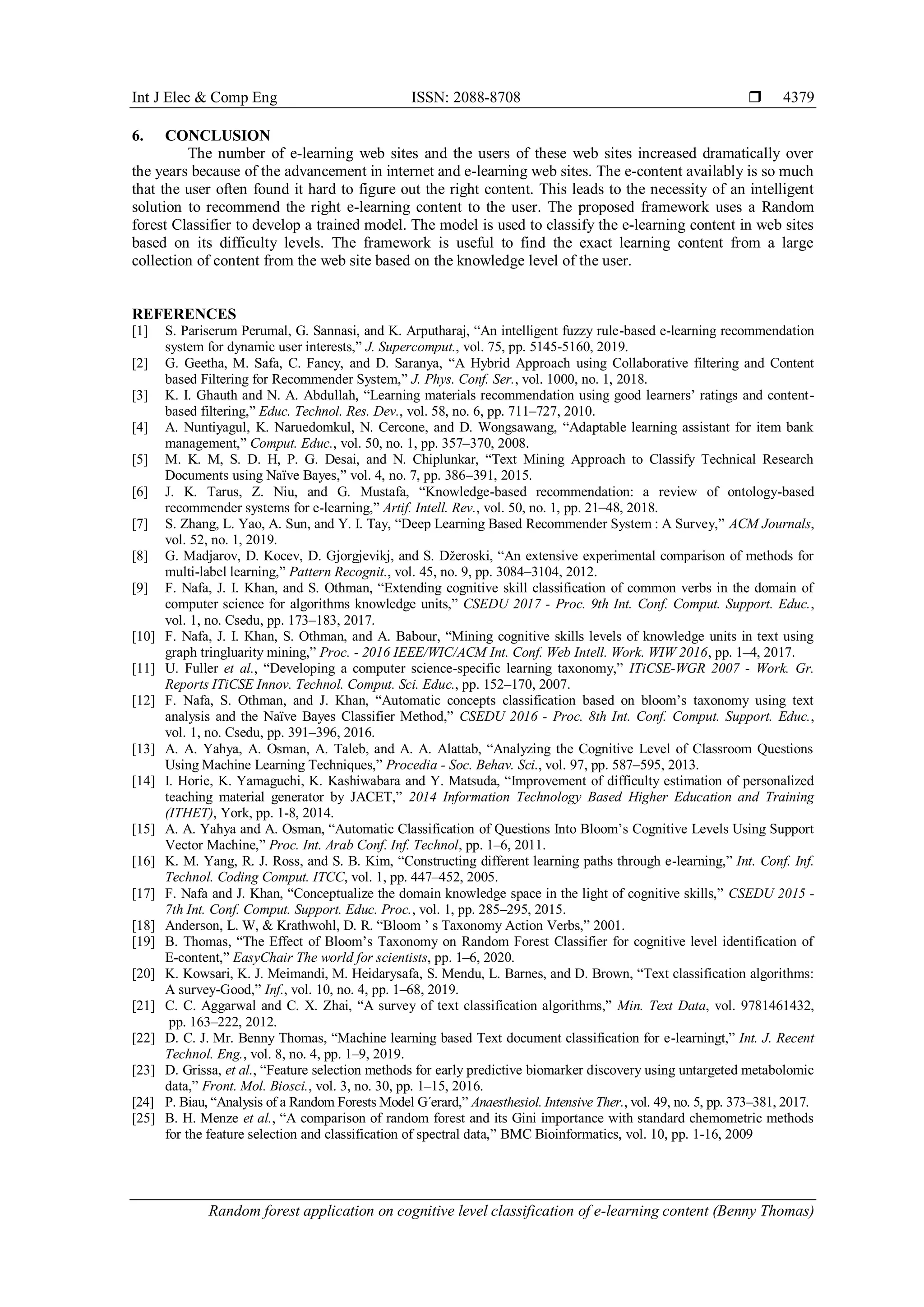 Random forest application on cognitive level classification of E-learning content | PDF
