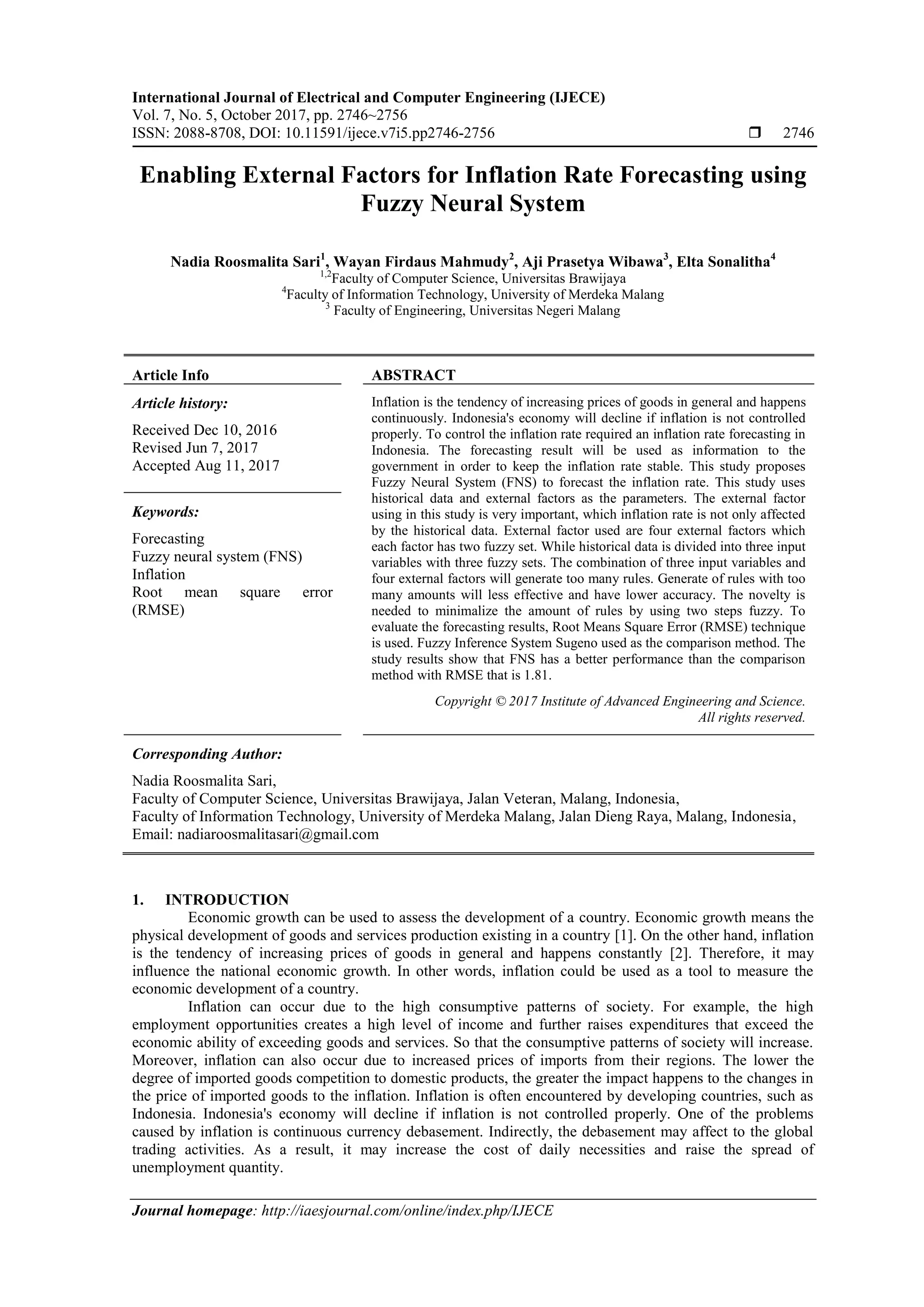 Enabling External Factors for Inflation Rate Forecasting using Fuzzy Neural System | PDF