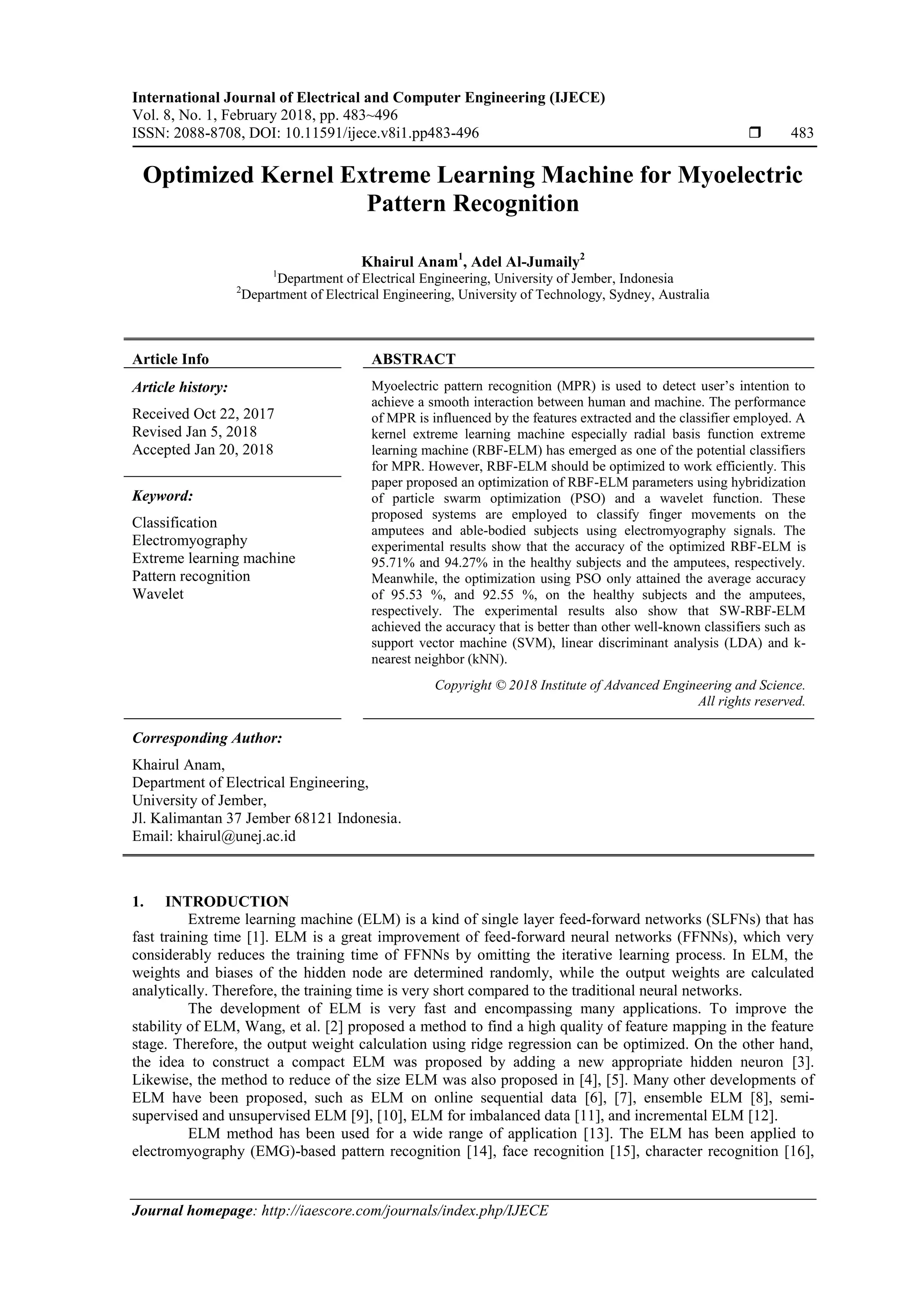 Optimized Kernel Extreme Learning Machine for Myoelectric Pattern Recognition | PDF