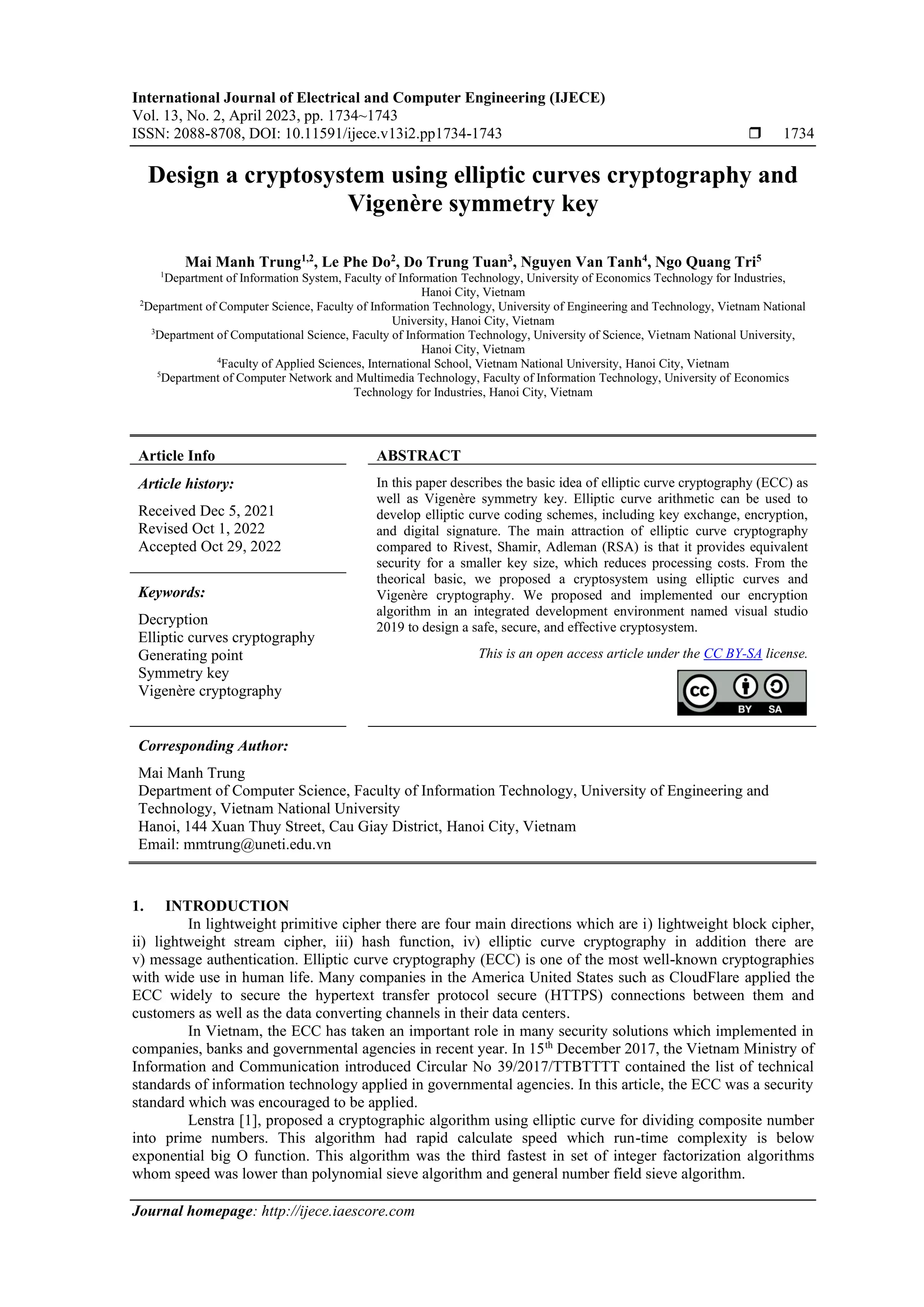 Design a cryptosystem using elliptic curves cryptography and Vigenère symmetry key | PDF