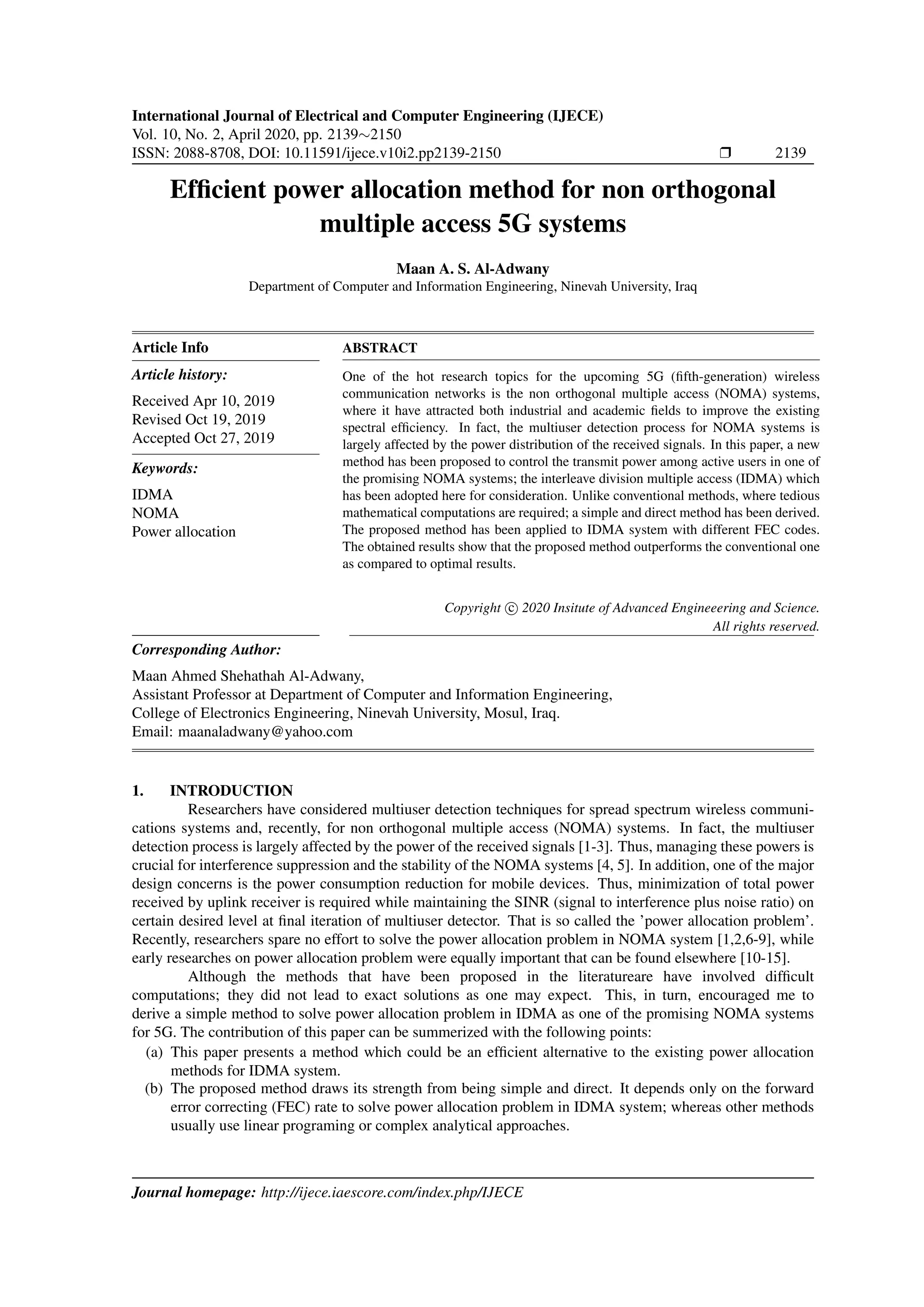 Efﬁcient power allocation method for non orthogonal multiple access 5G systems | PDF