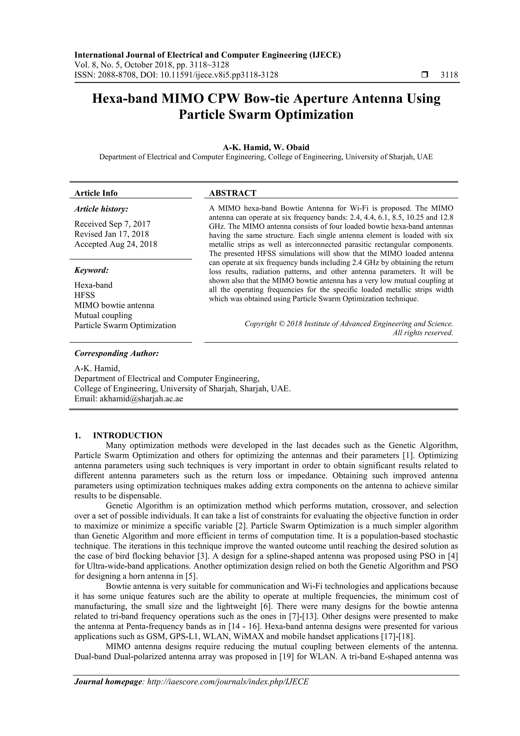 Hexa-band MIMO CPW Bow-tie Aperture Antenna Using Particle Swarm ...