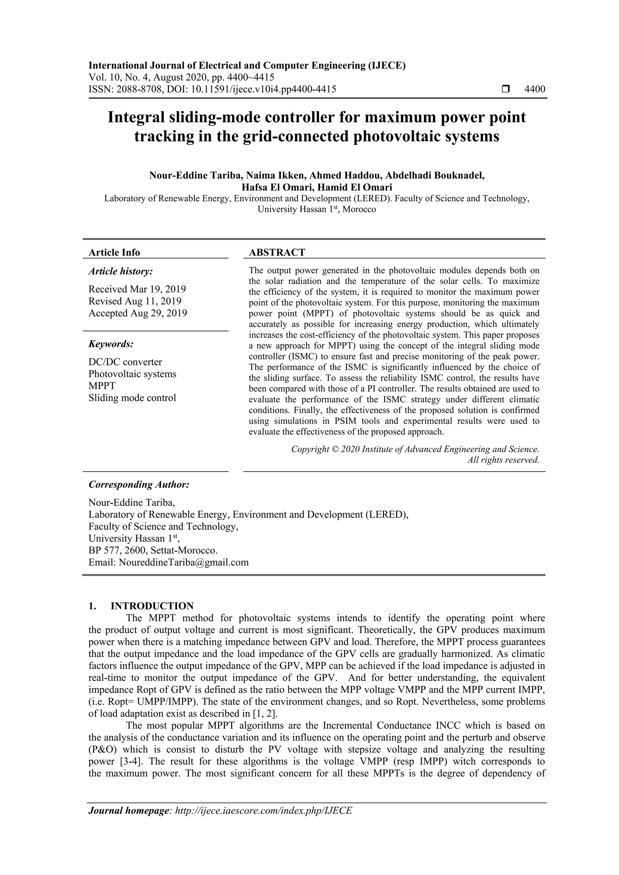 Integral sliding-mode controller for maximum power point tracking in the grid-connected ...