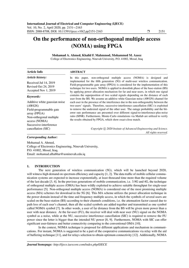 On The Performance Of Non Orthogonal Multiple Access Noma Using Fpga Pdf Computer