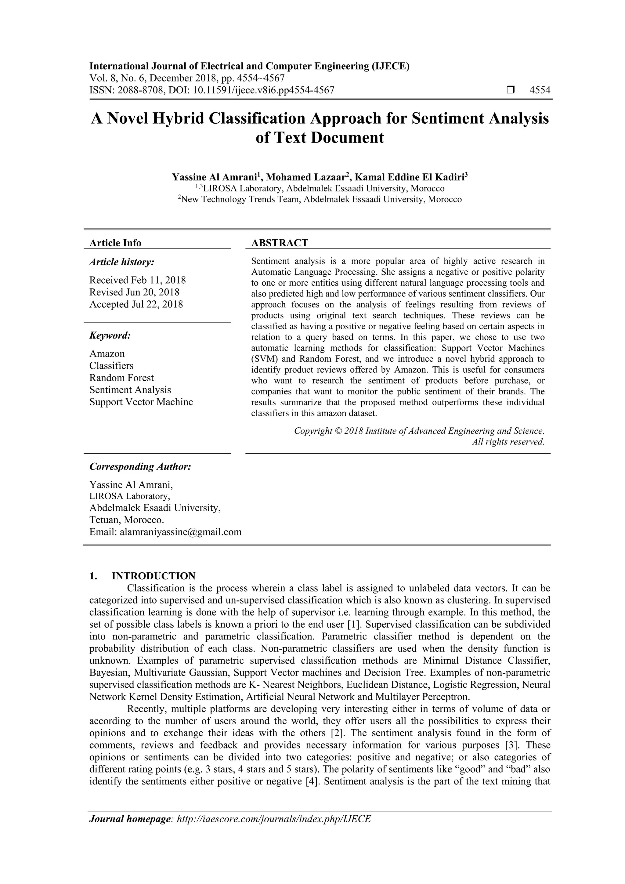 A Novel Hybrid Classification Approach for Sentiment Analysis of Text Document | PDF