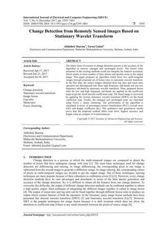 Change Detection from Remotely Sensed Images Based on Stationary Wavelet Transform | PDF