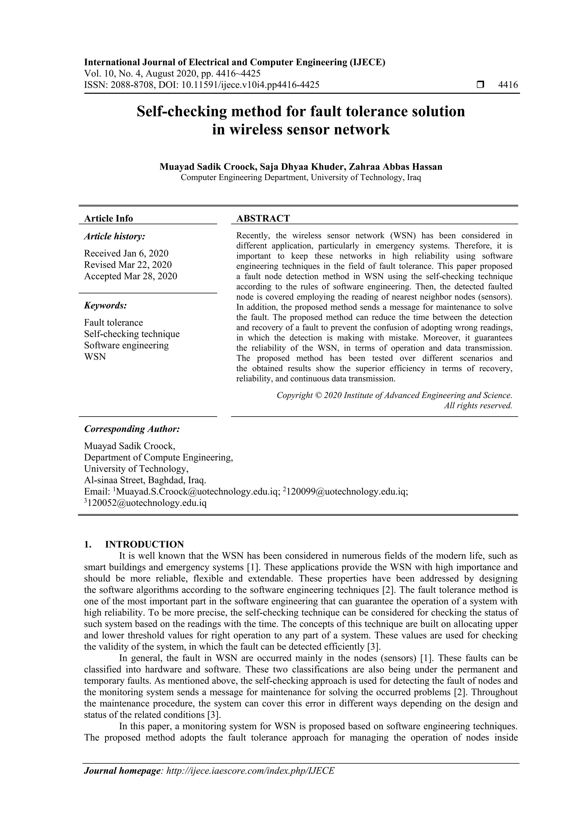Self-checking method for fault tolerance solution in wireless sensor network | PDF