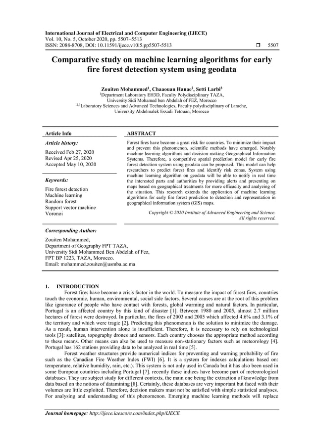 Comparative study on machine learning algorithms for early fire forest detection system using ...
