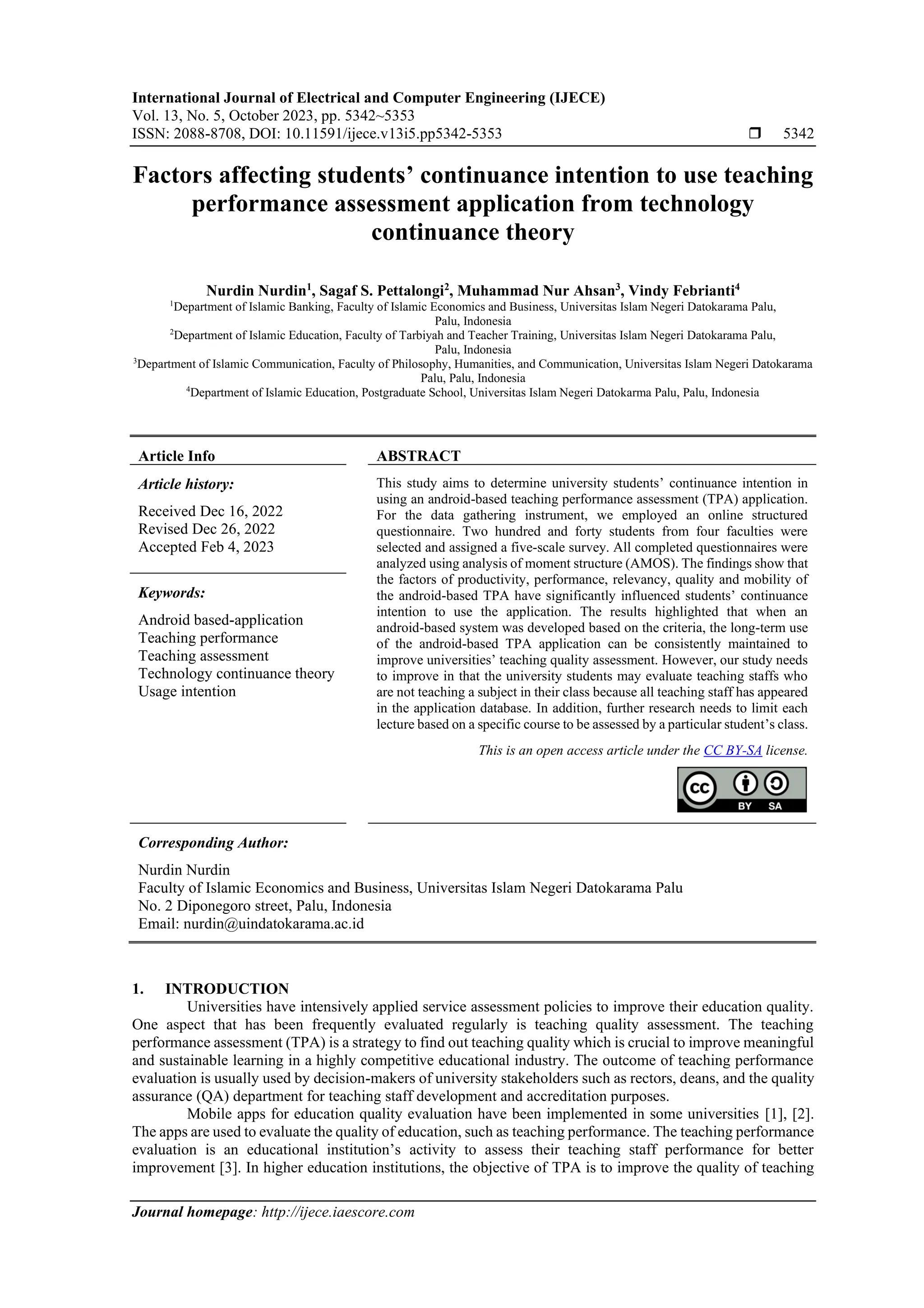 Factors affecting students’ continuance intention to use teaching performance assessment ...