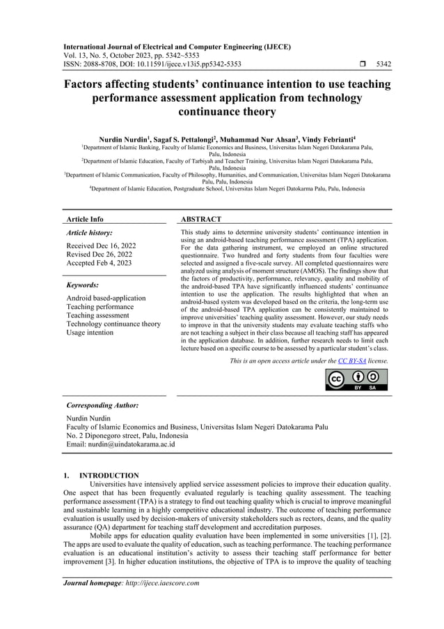 Factors affecting students’ continuance intention to use teaching performance assessment ...