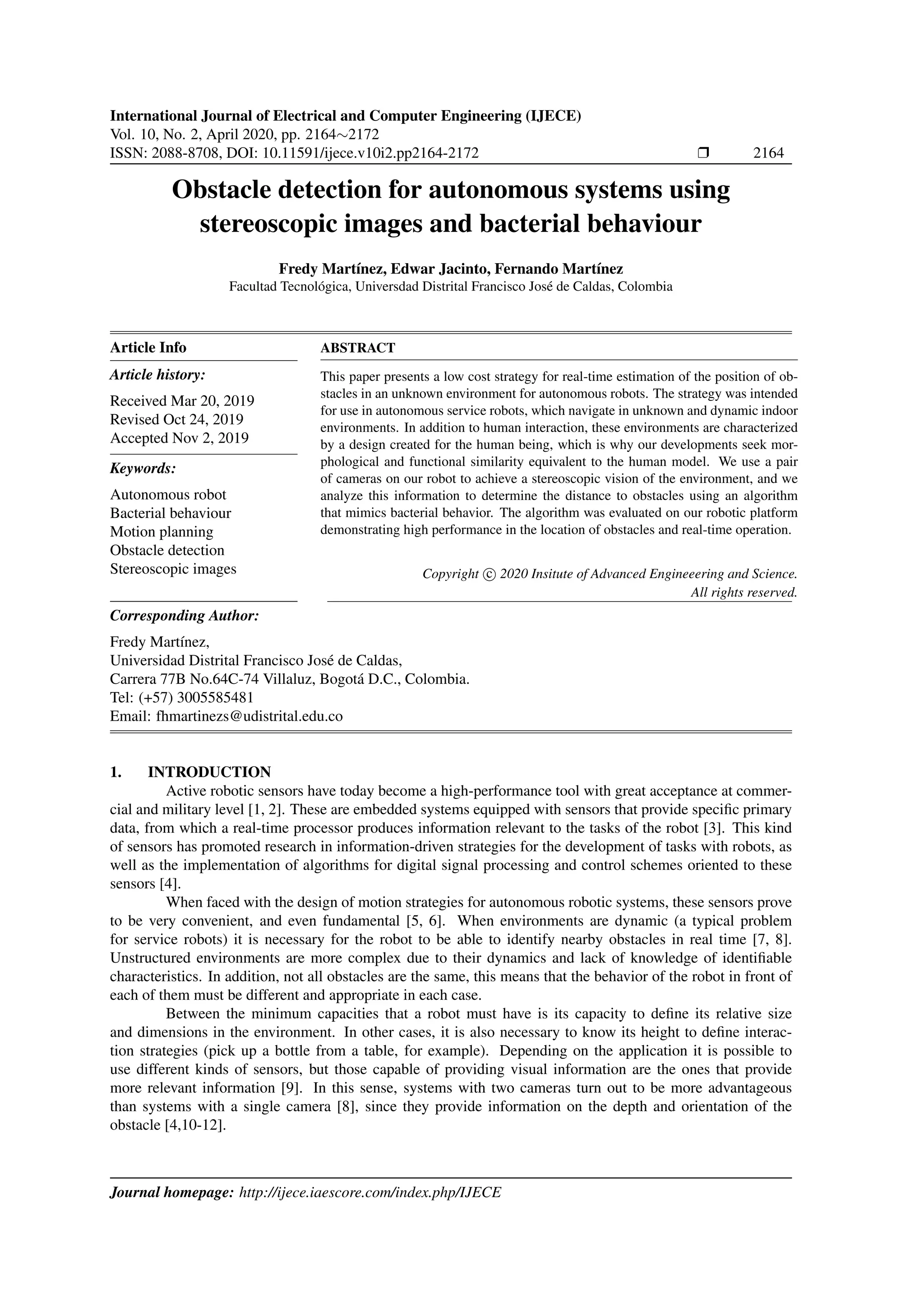 Obstacle Detection For Autonomous Systems Using Stereoscopic Images And