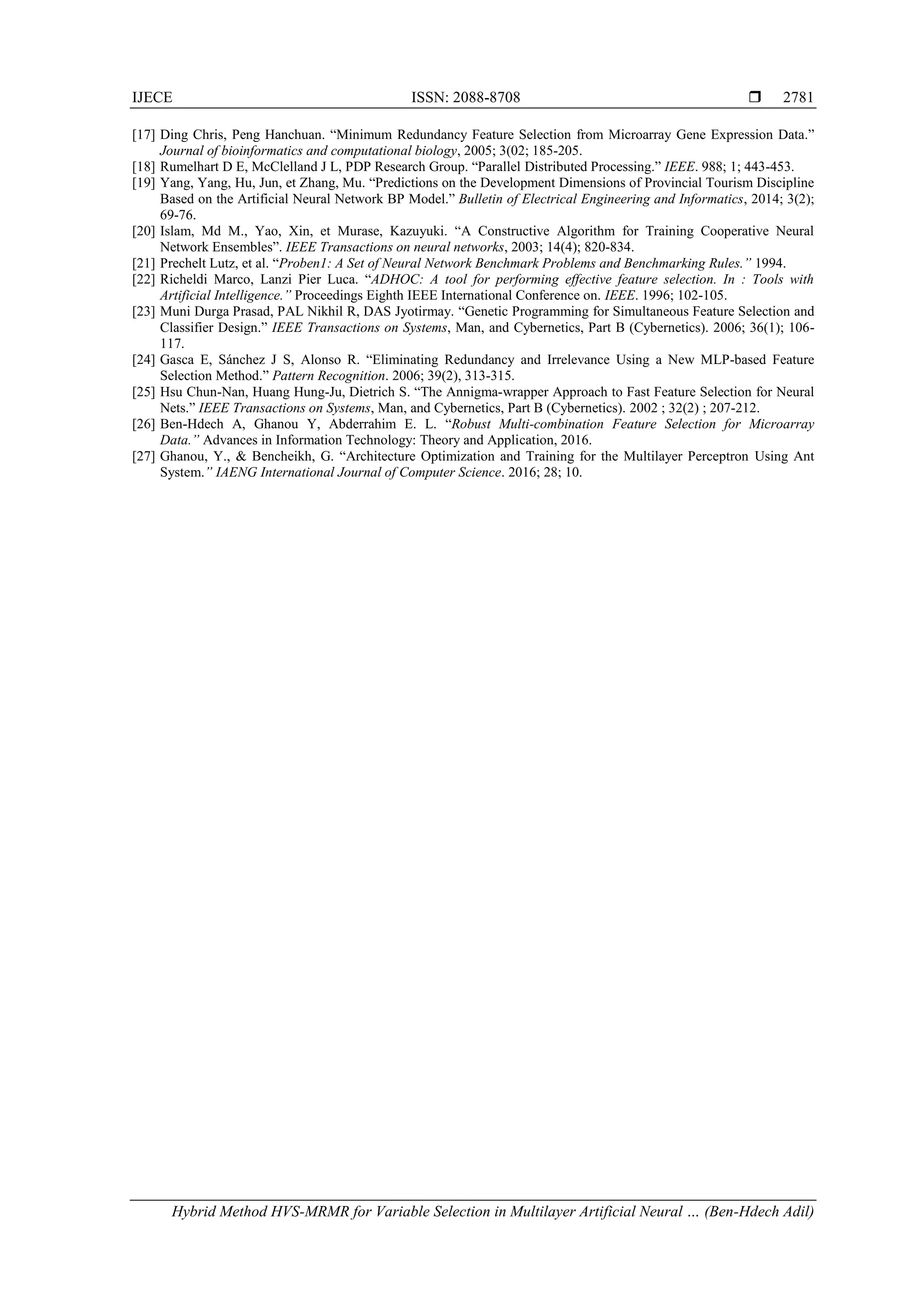 Hybrid Method HVS-MRMR for Variable Selection in Multilayer Artificial Neural Network Classifier ...